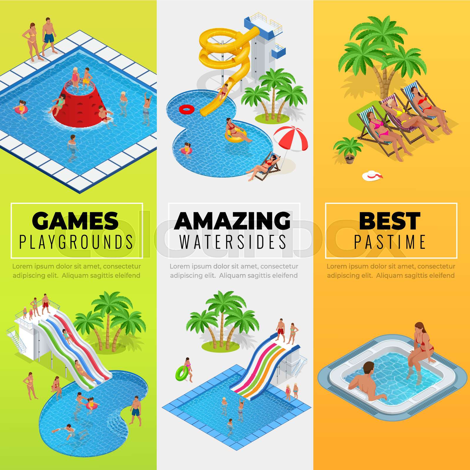 Aquapark vertical web banners with different water slides, family water ...