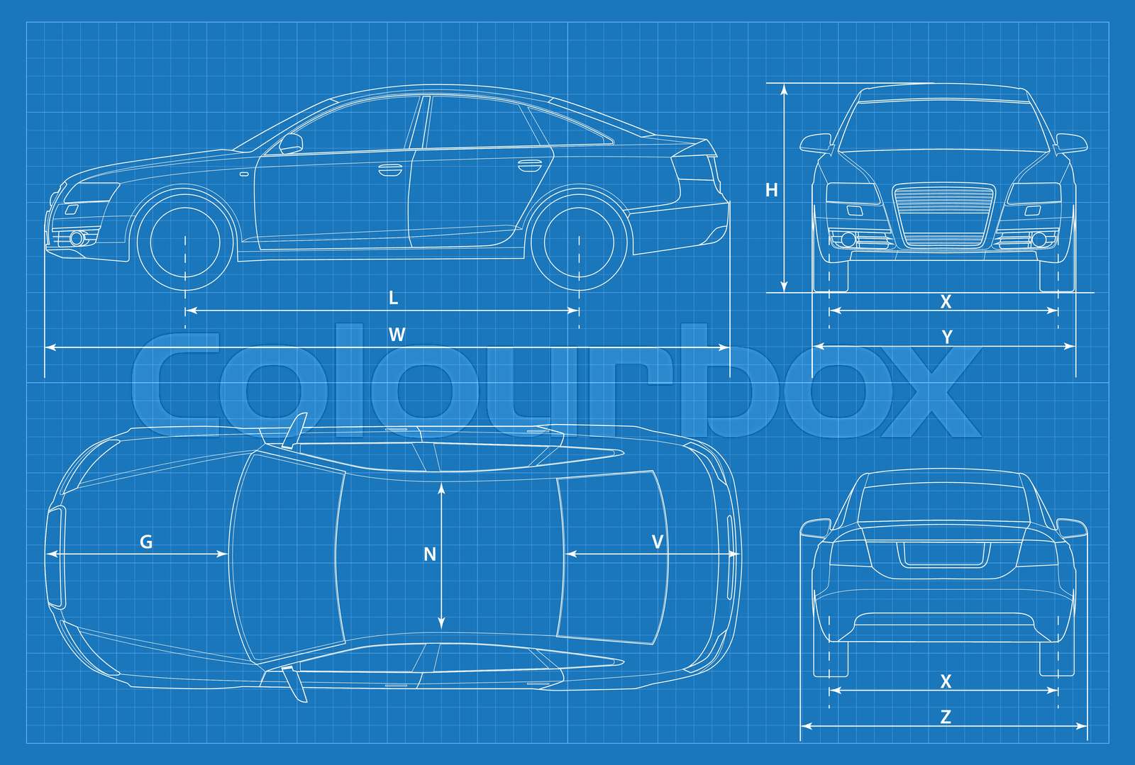 Car schematic or car blueprint. Vector illustration. Sedan car in ...
