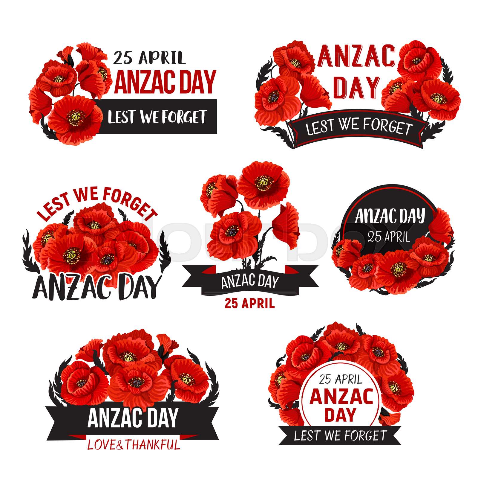 Anzac Day Lest We Forget poppy vector ribbons icons | Stock vector ...