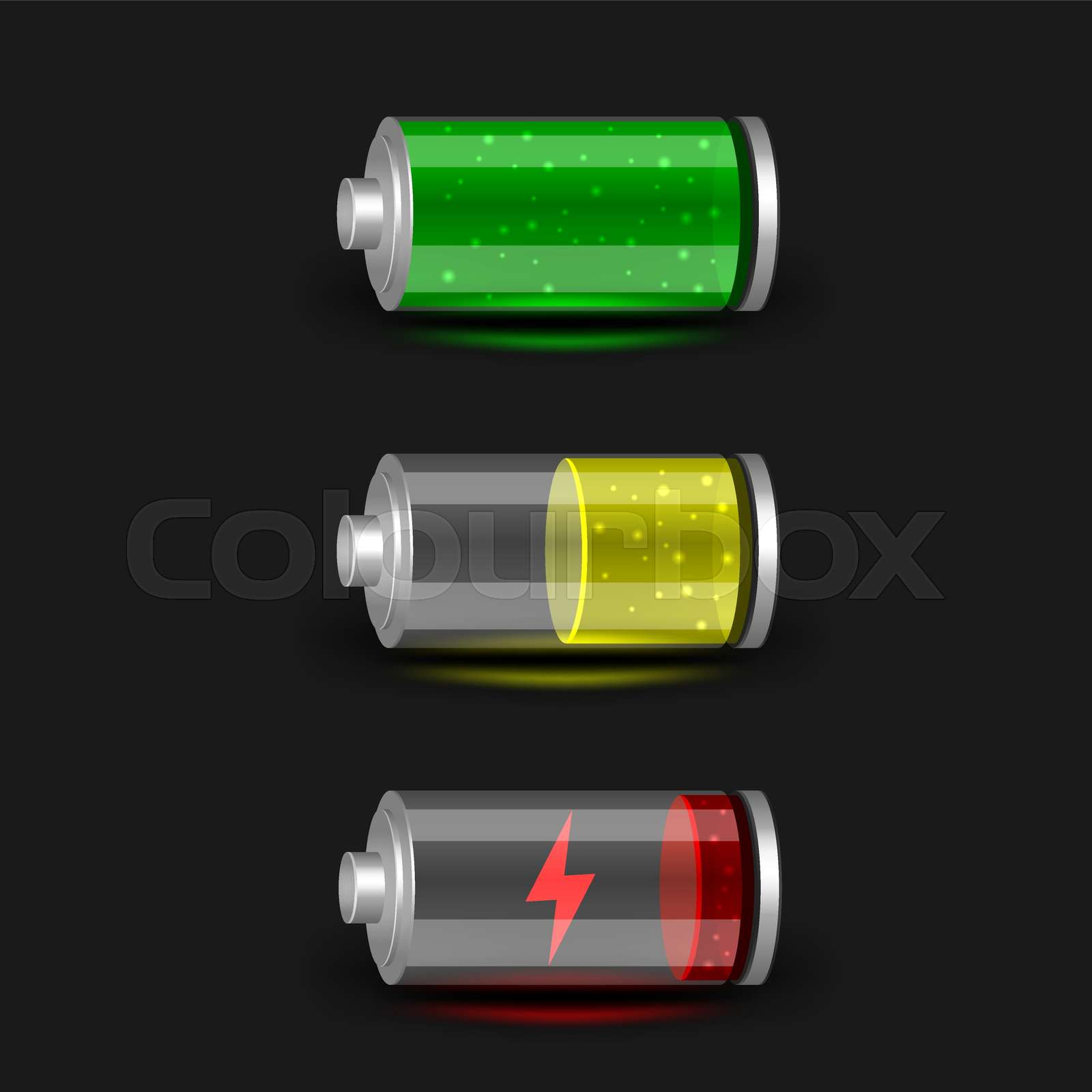 discharged half charge and charged battery | Stock vector | Colourbox