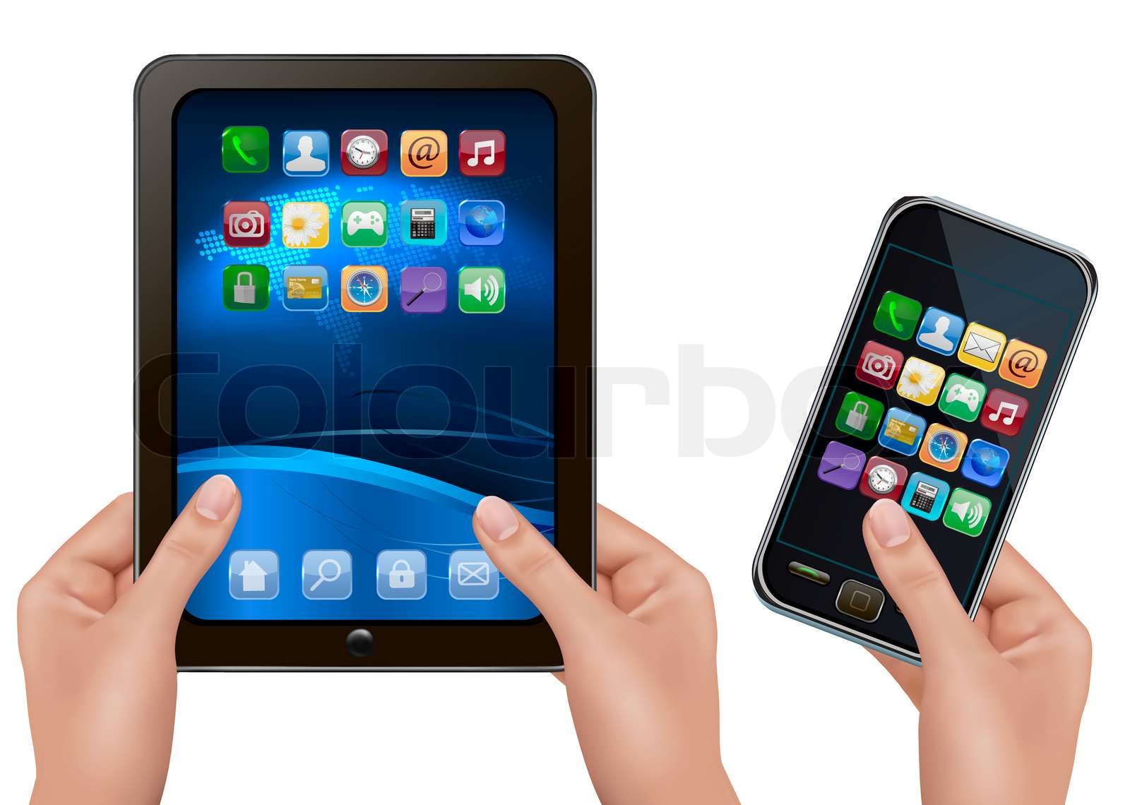 Hände halten digitalen Tablet-Computer mit Icons und Handy. | Stock ...