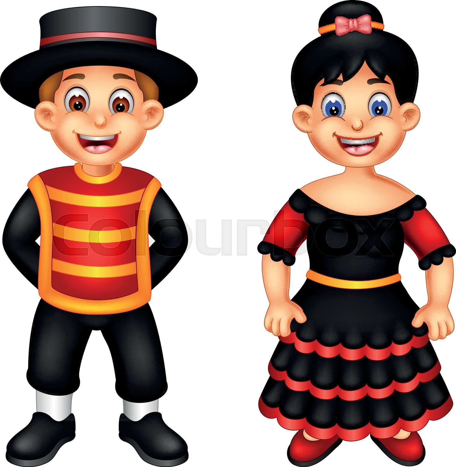 cute boy and girl cartoon standing using spanish costume with smile and ...