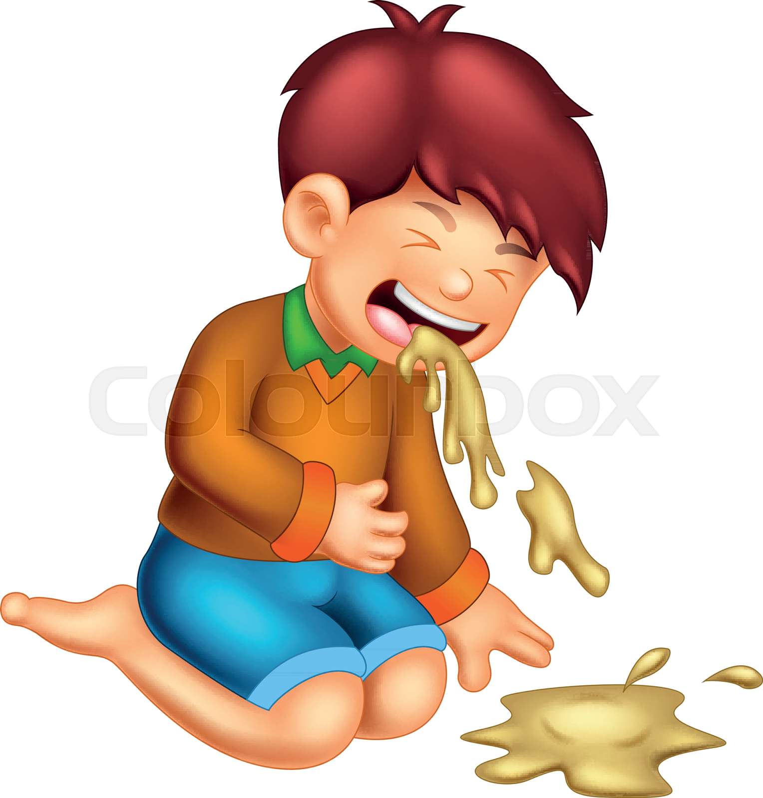 funny boy cartoon sitting stomacache and throws up | Stock vector ...