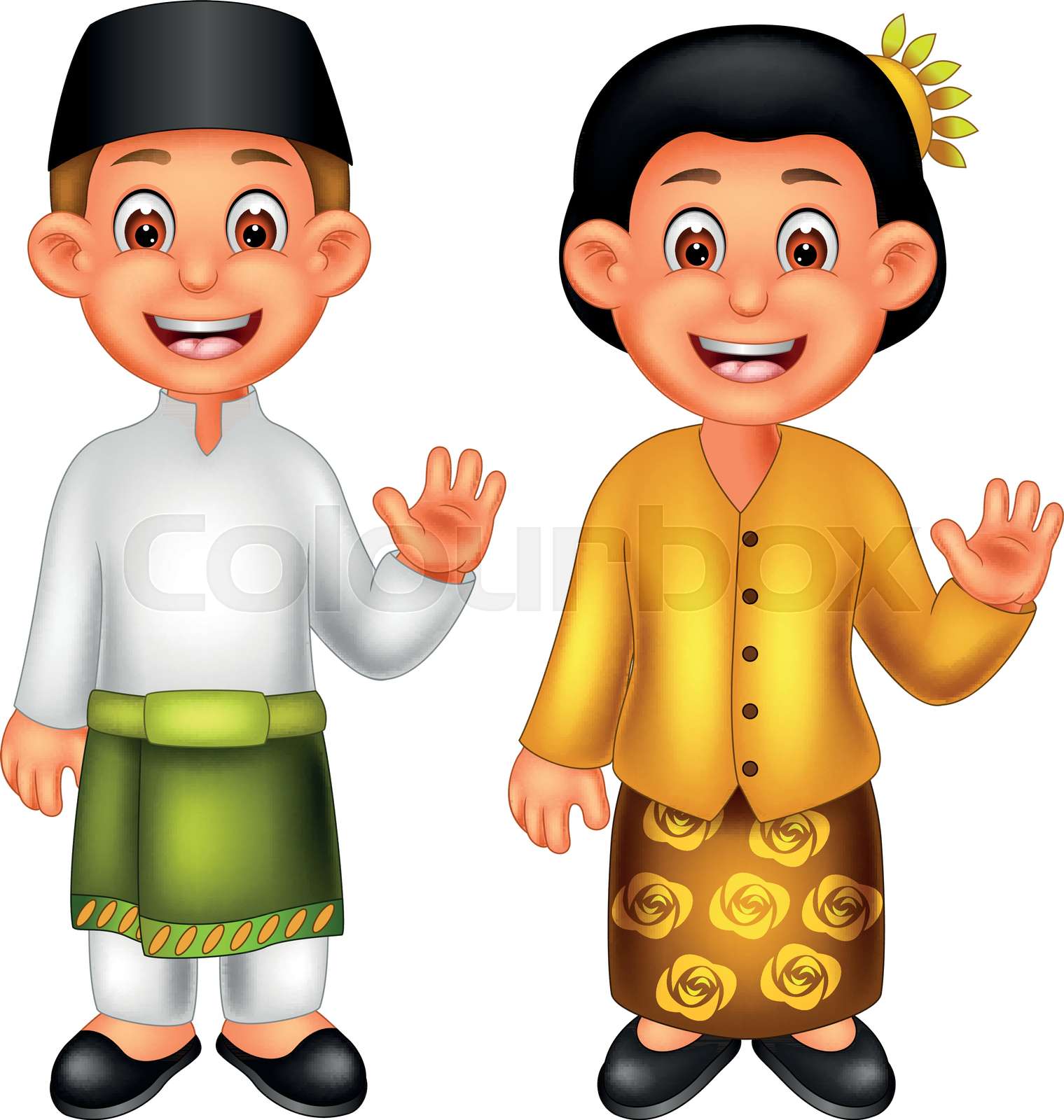 cute boy and girl cartoon standing using malaysian costume with smile ...