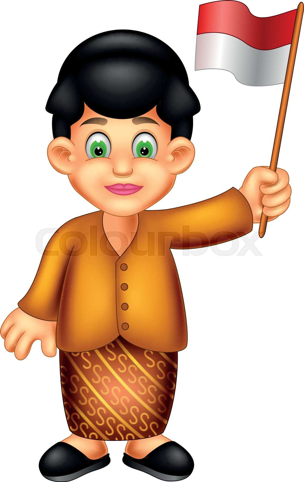 cute indonesian girl cartoon standing with smile and bring flag with ...