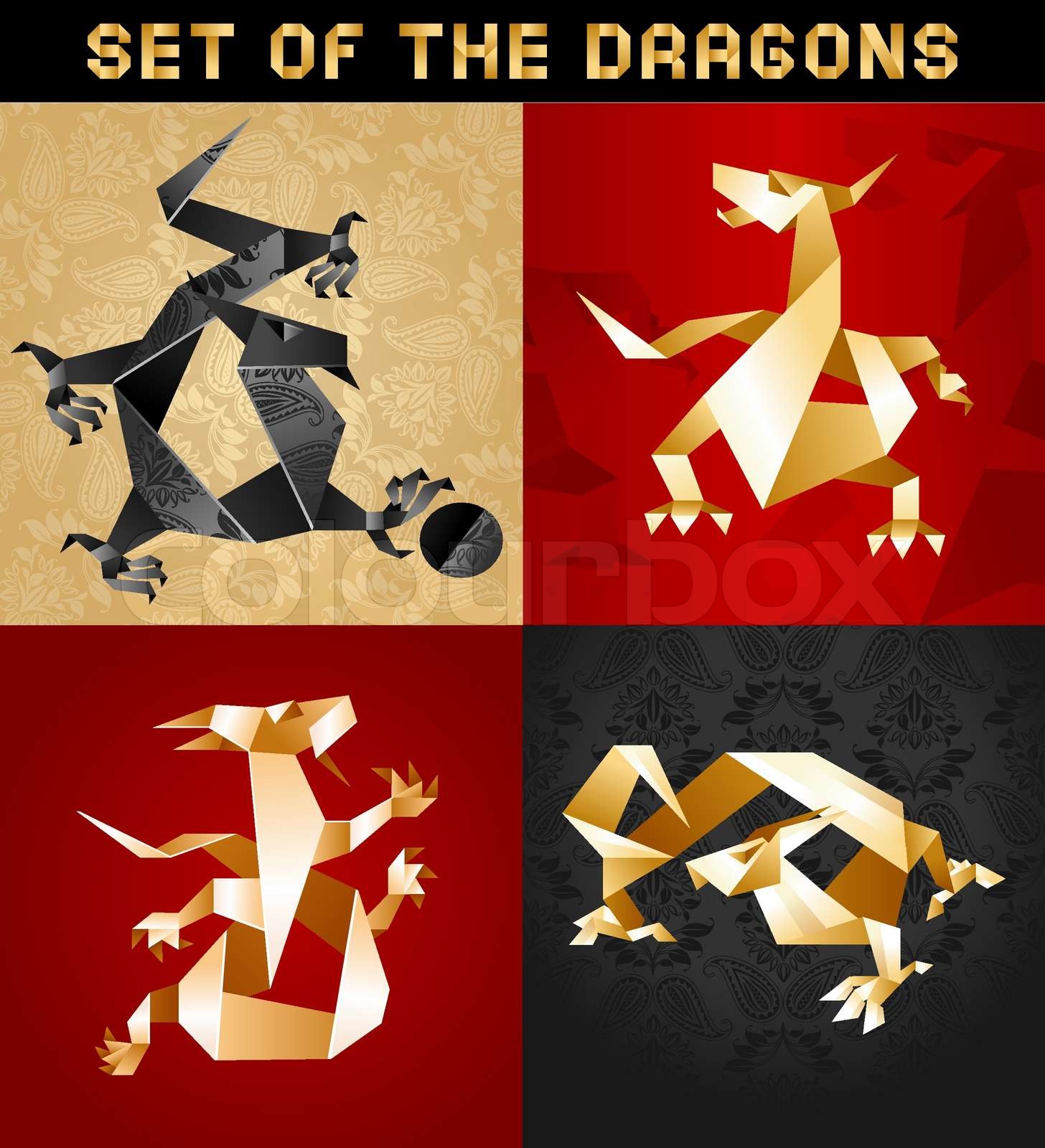 Set Drachen Origami, gefaltetes Papier, Vektor-Design | Stock-Vektor ...