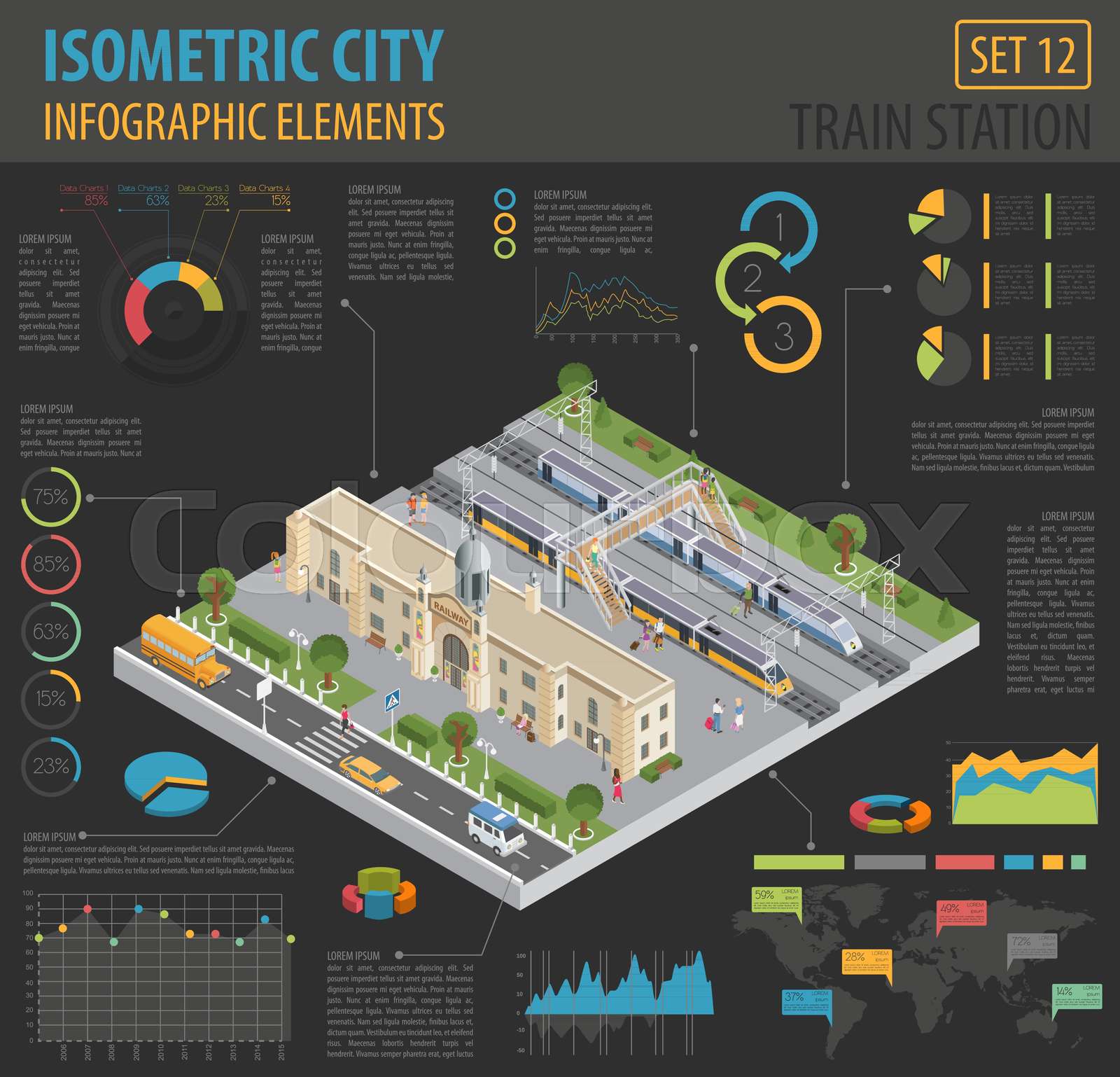 3d isometric Train station and city map constructor elements isolated ...
