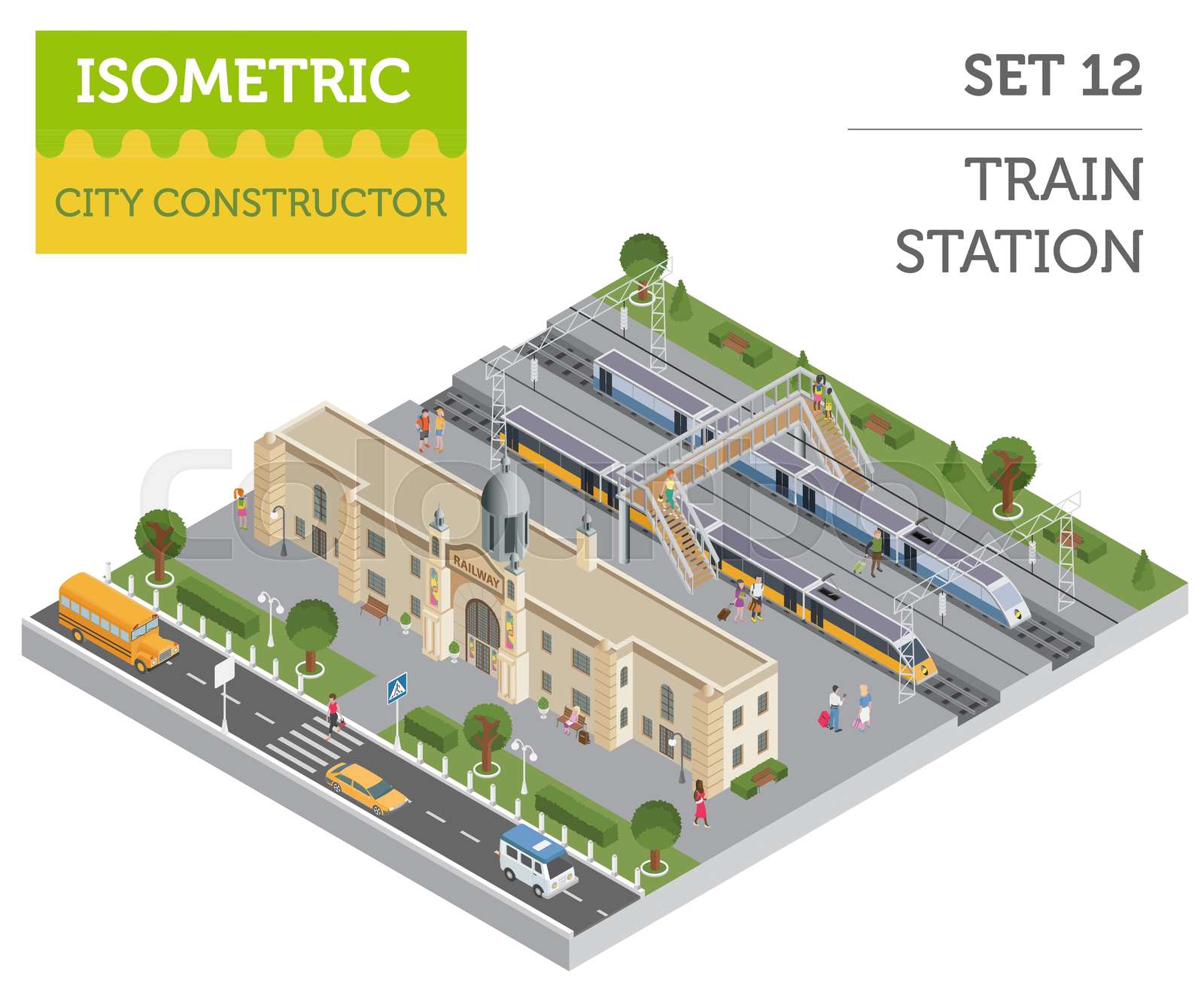 3d isometric Train station and city map constructor elements isolated ...