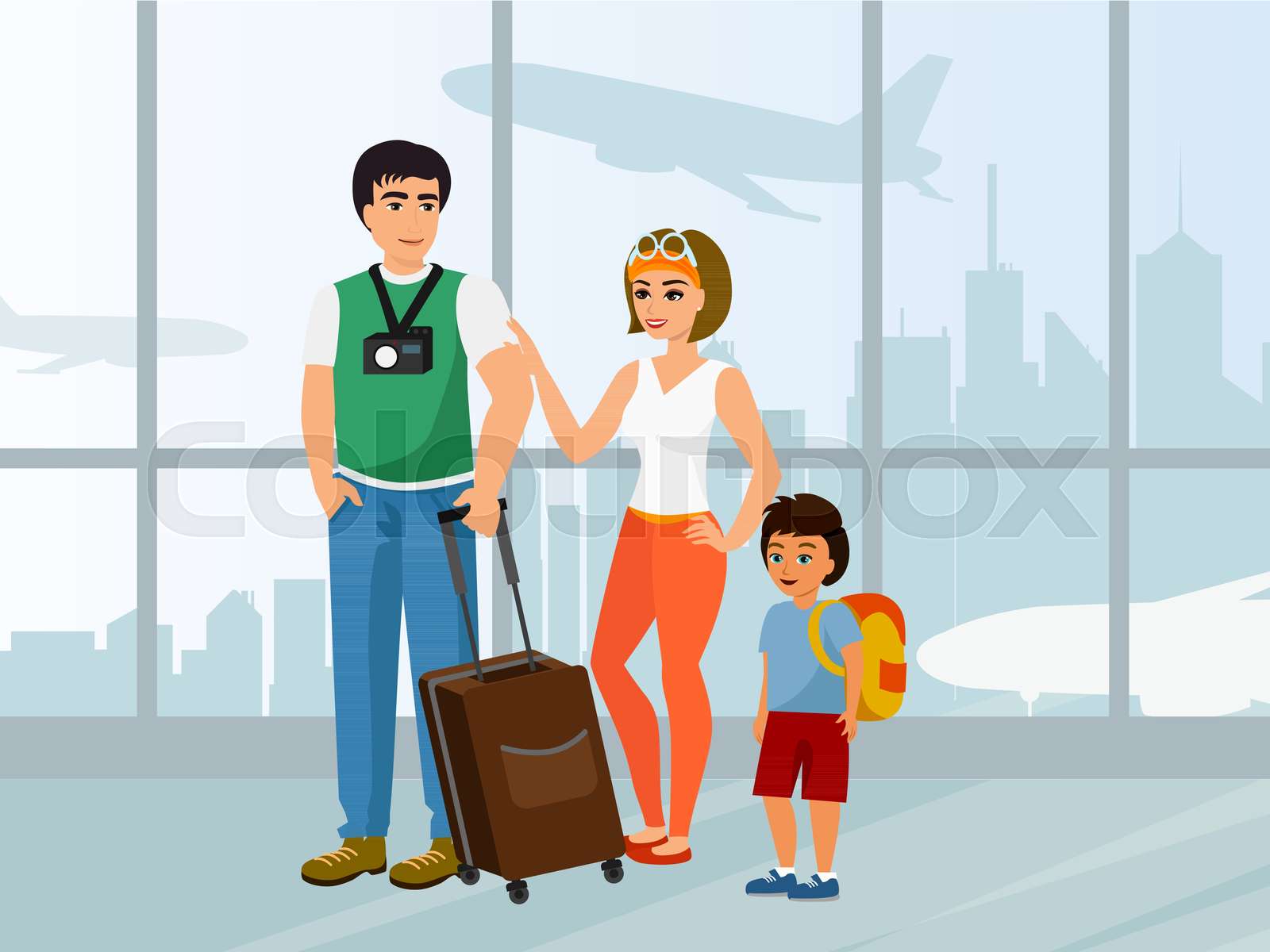 Vector illustration happy family travel. Father mother and son at the ...