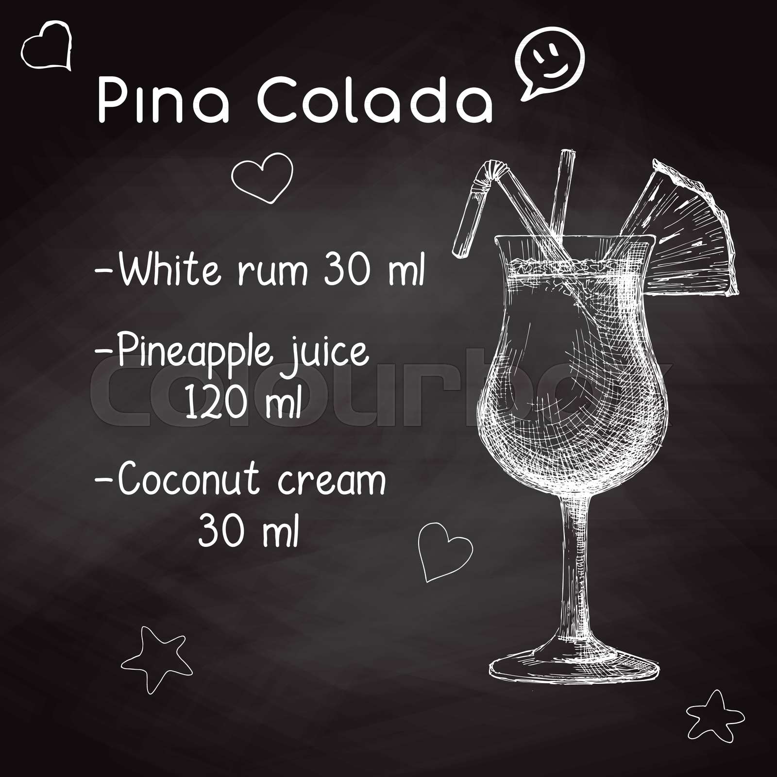Simple recipe for an alcoholic cocktail Pina Colada. Drawing chalk on a ...