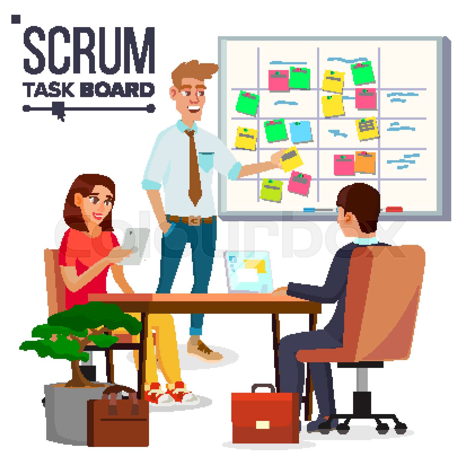 Business Characters Scrum Team Work Vector. Teamwork Scheme Planning On ...