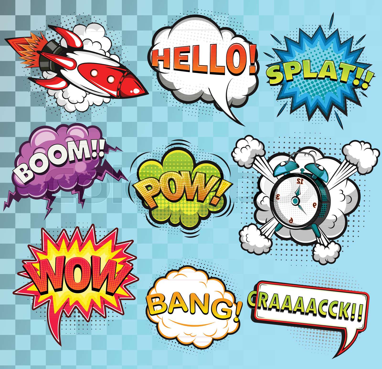 Comic speech bubbles. Rocket. Alarm clock. Sound effects. Vector ...