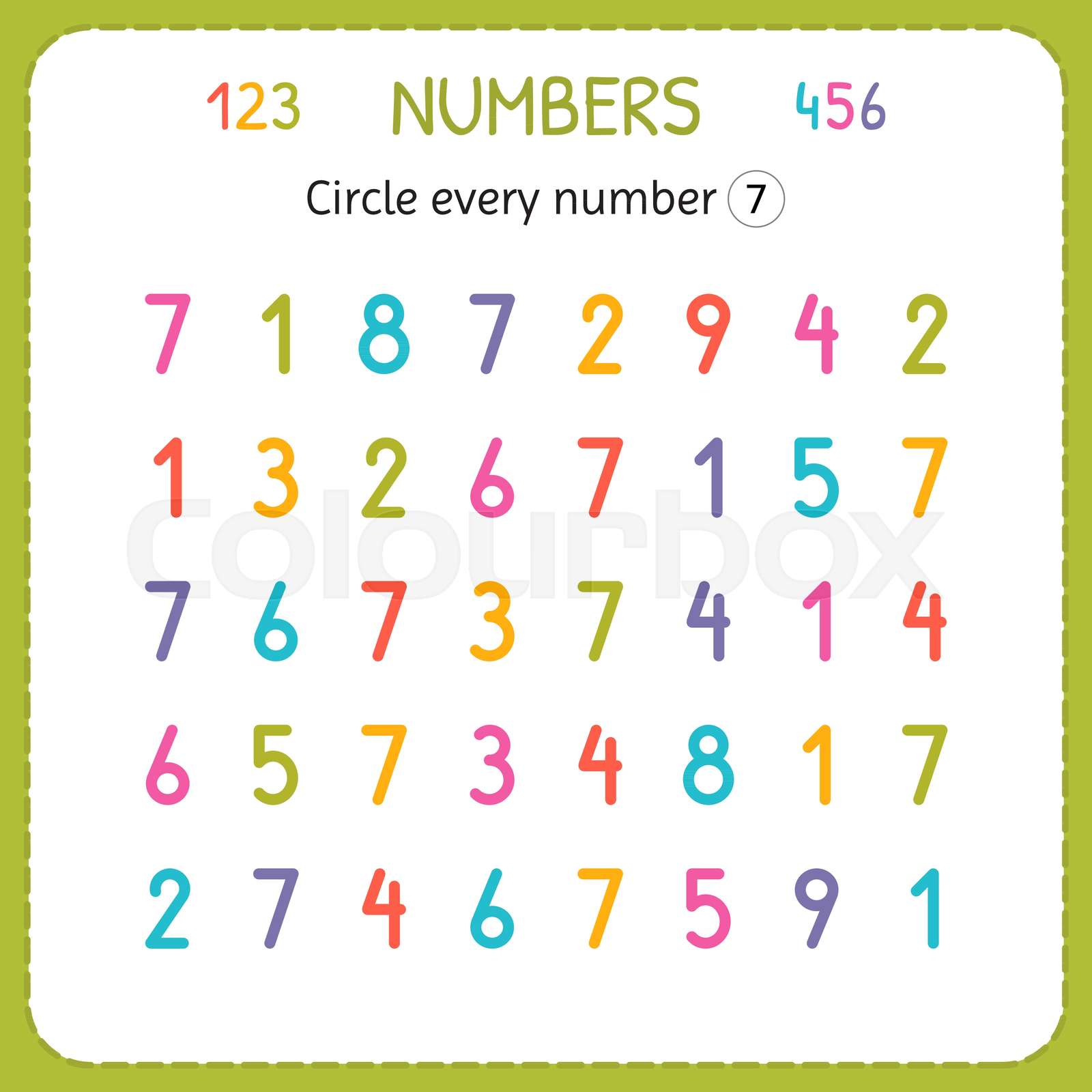 Circle every number Seven. Numbers for kids. Worksheet for kindergarten ...