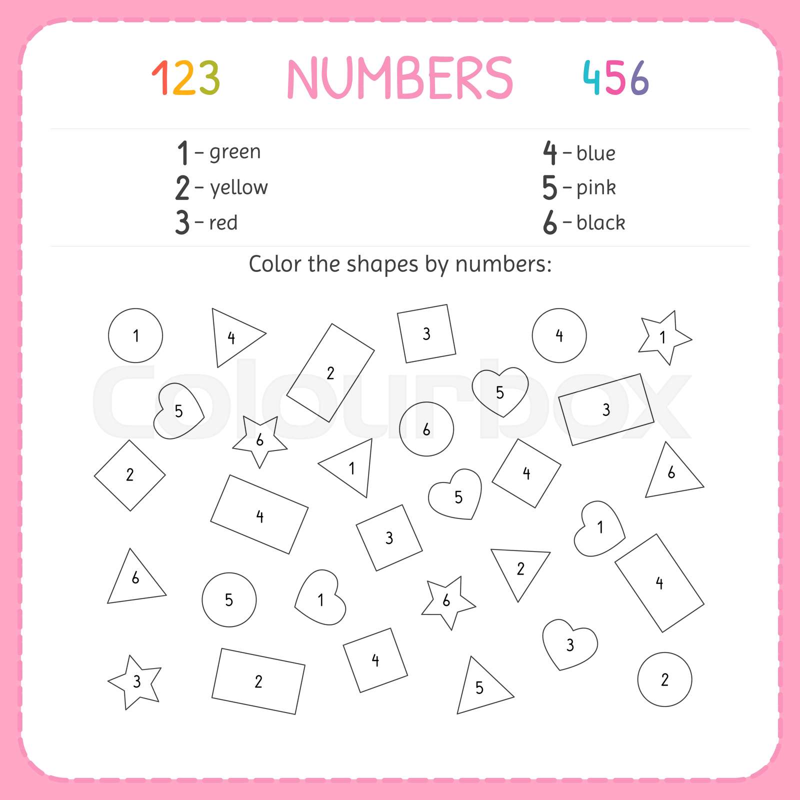Color the shapes by numbers. Worksheet for kindergarten and preschool ...