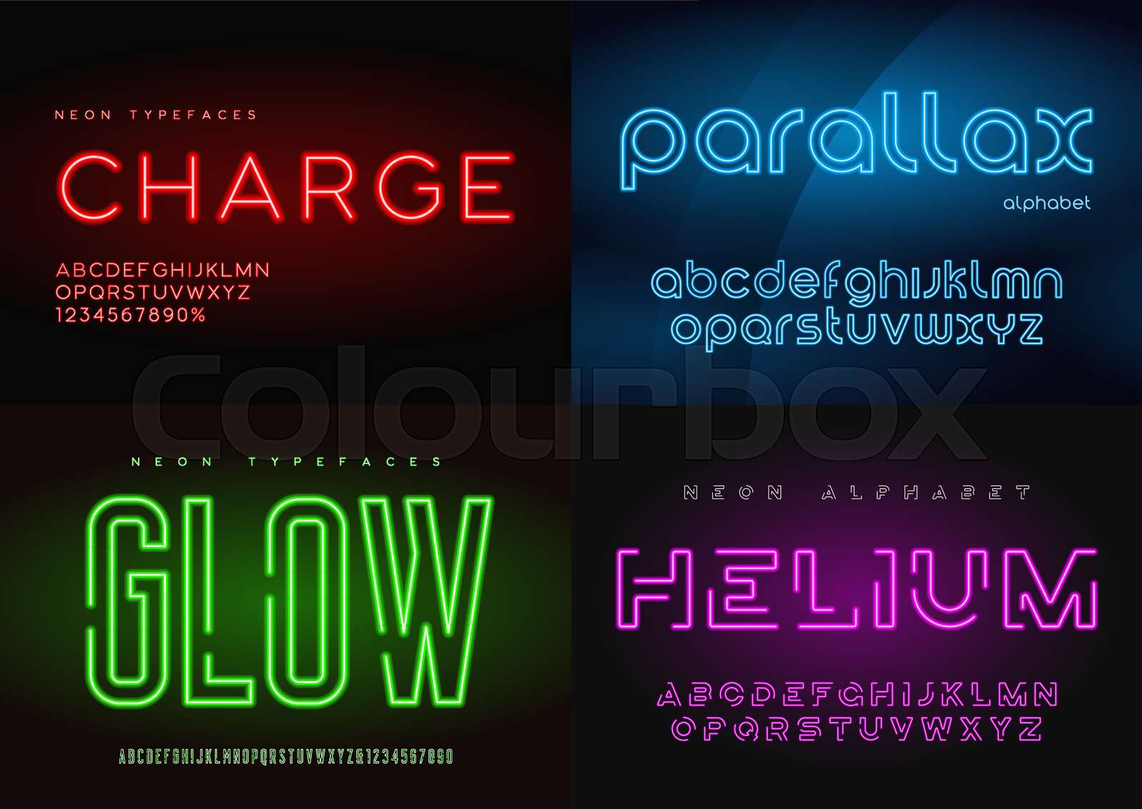 Set of glowing neon vector typefaces, alphabets, letters, fonts ...