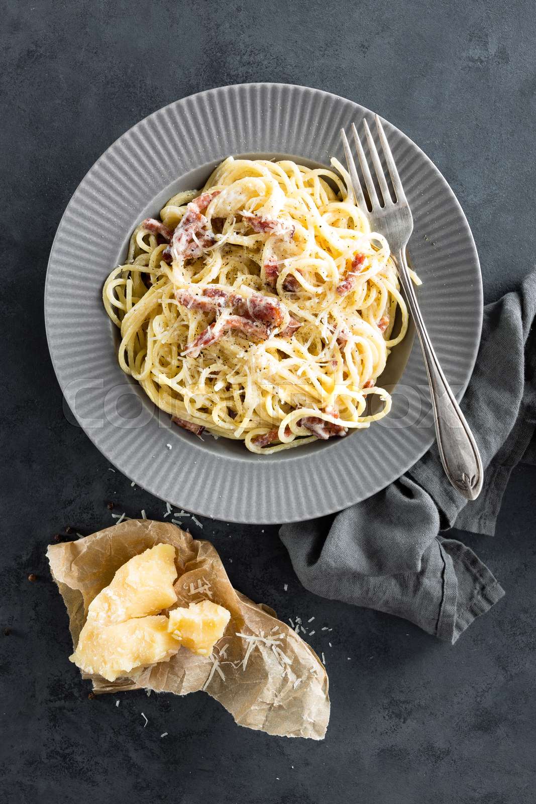 Carbonara Pasta Spaghetti With Pancetta Egg Hard Parmesan Cheese And