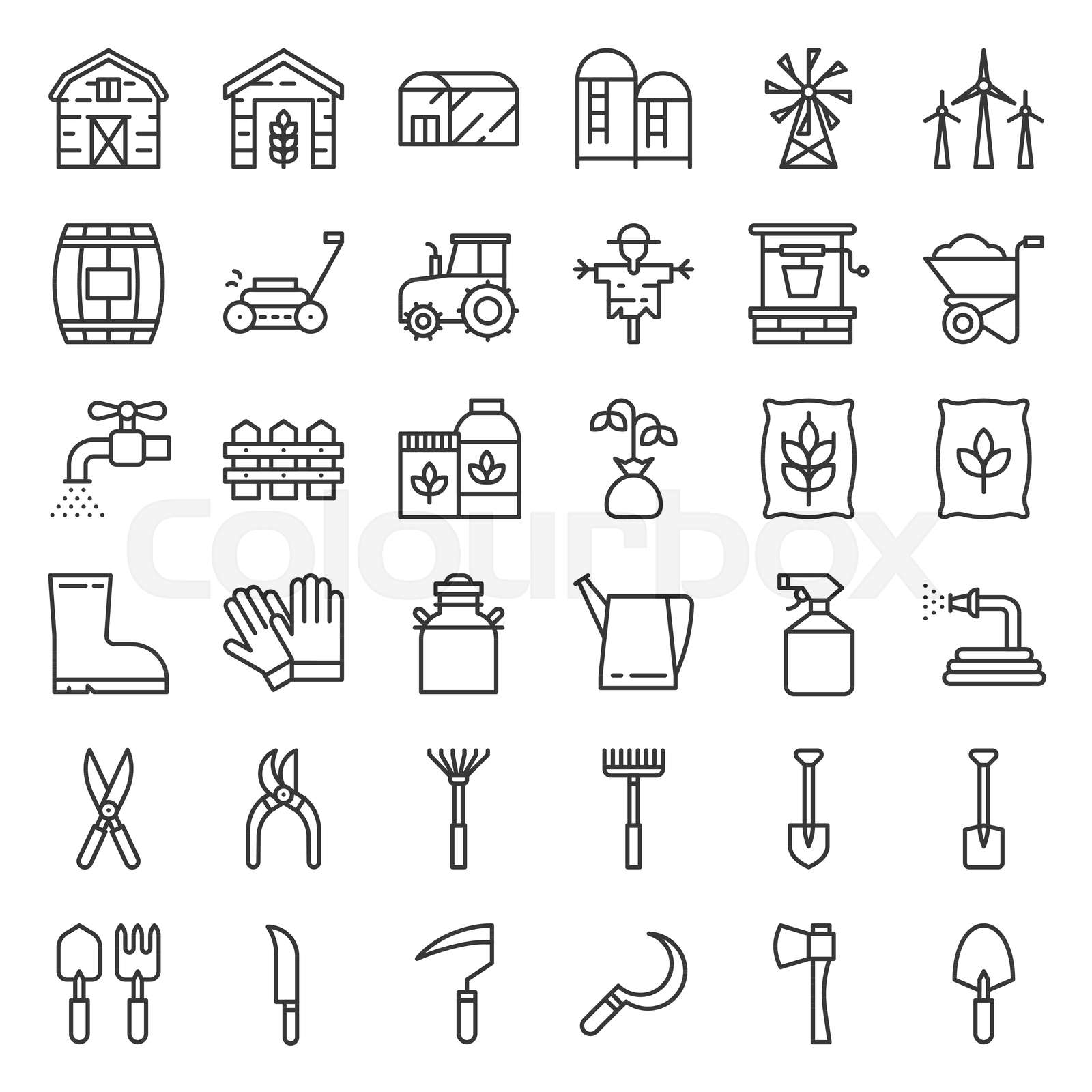Farm and agriculture equipment, outline icon | Stock vector | Colourbox