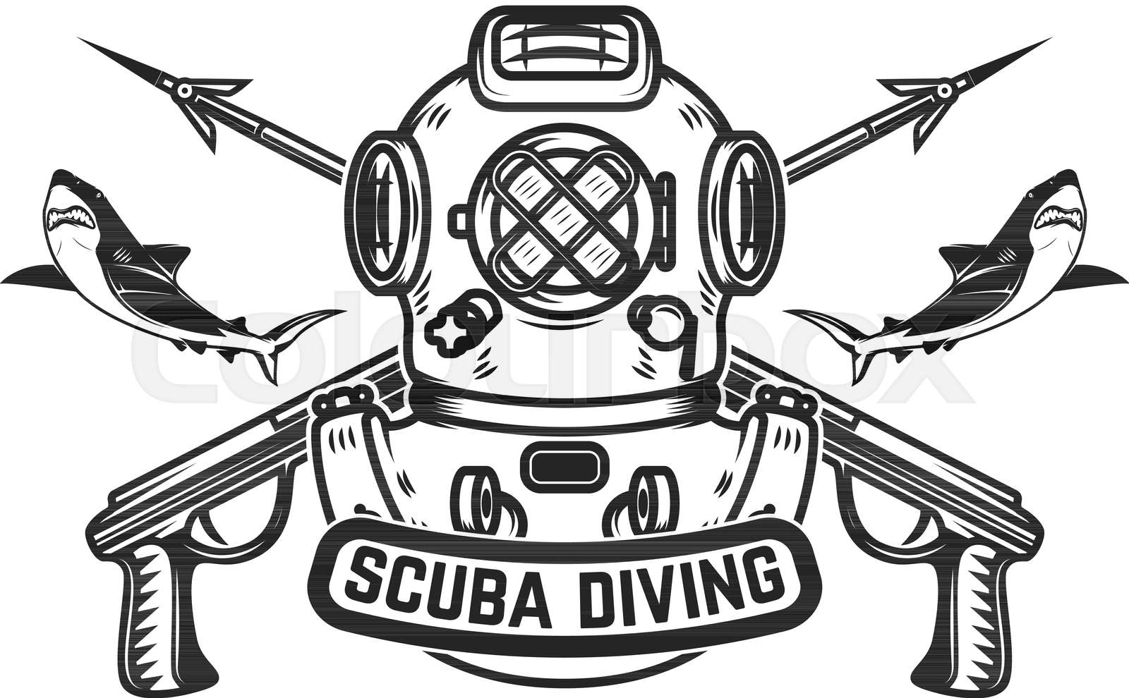 Scuba diving. Emblem template with old style diver helmet and ...