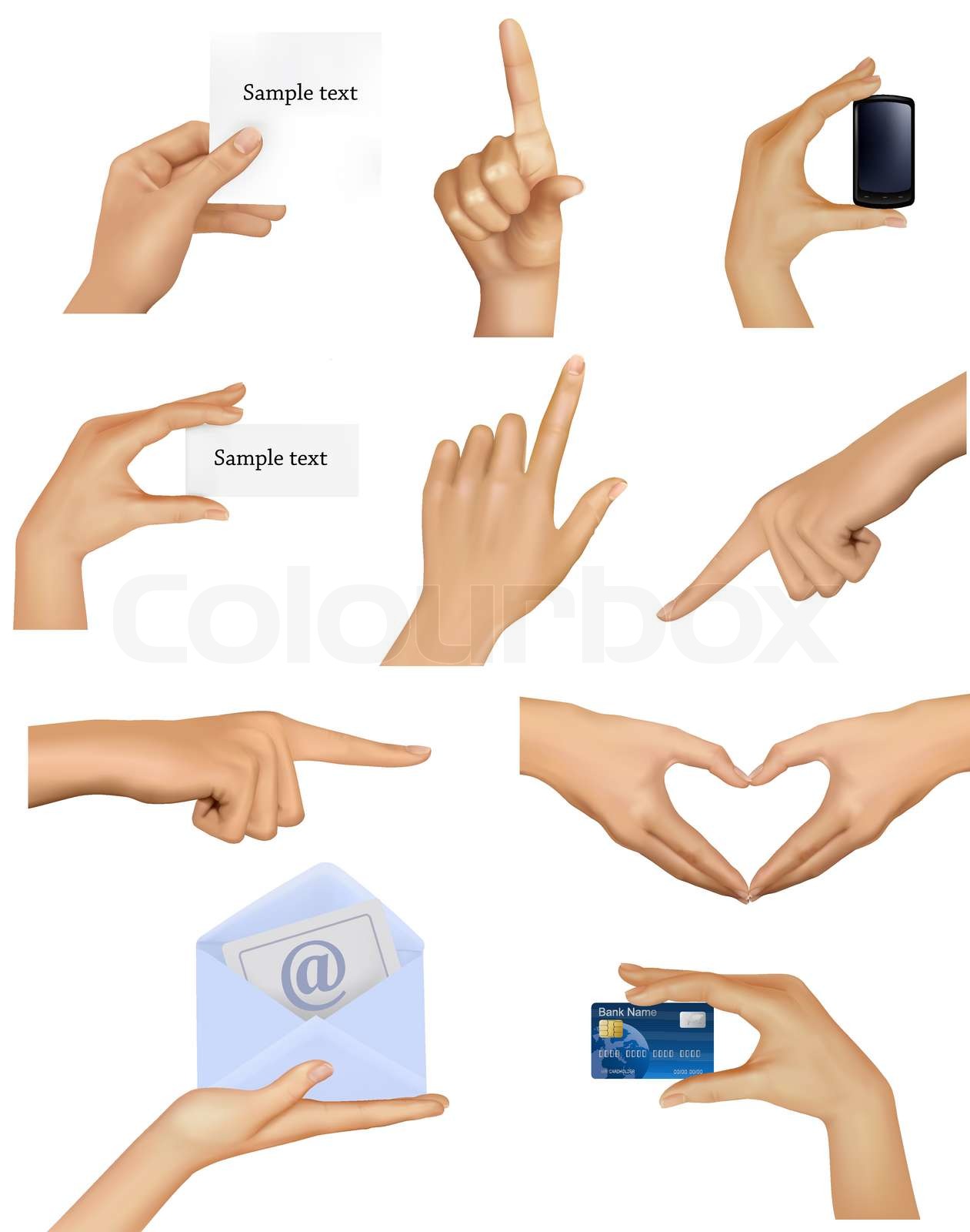Set of hands holding different business objects. Vector illustration ...