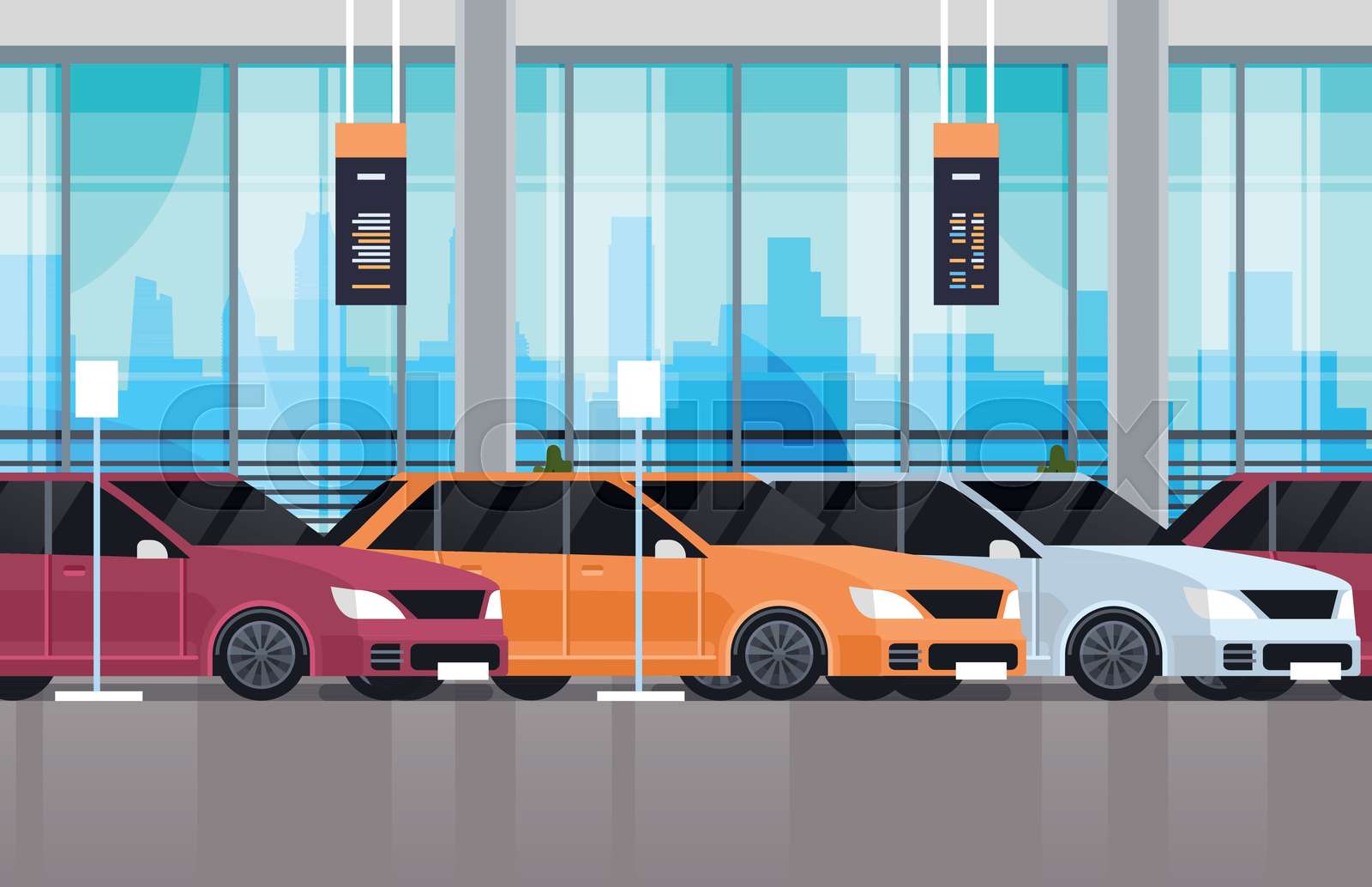 Cars Dealership Center Showroom Interior With Set Of New Modern ...