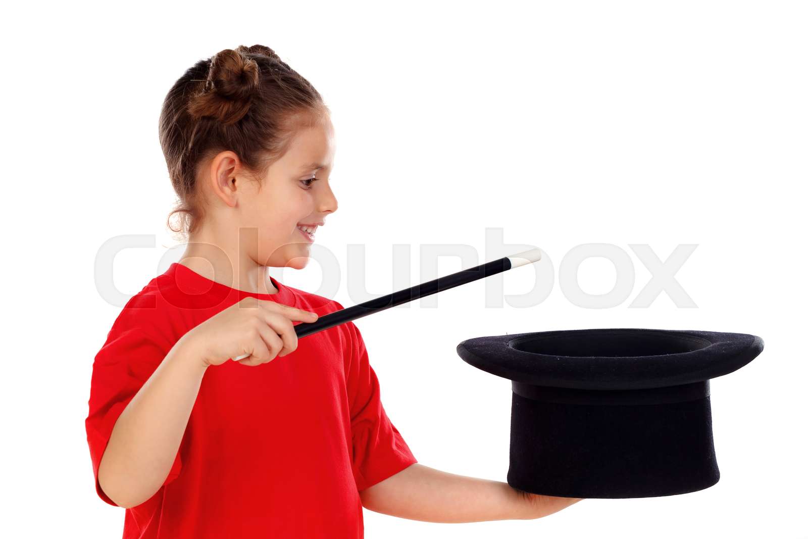 Pretty little girl doing magic with a top hat and a magic wand | Stock ...