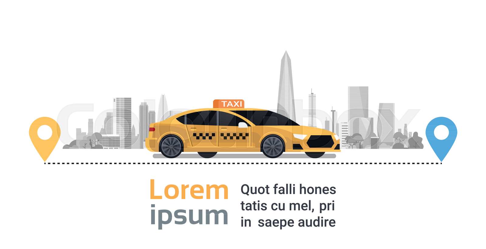 Taxi Service Banner, Yellow Cab Car On Street With Gps Pointers Over ...