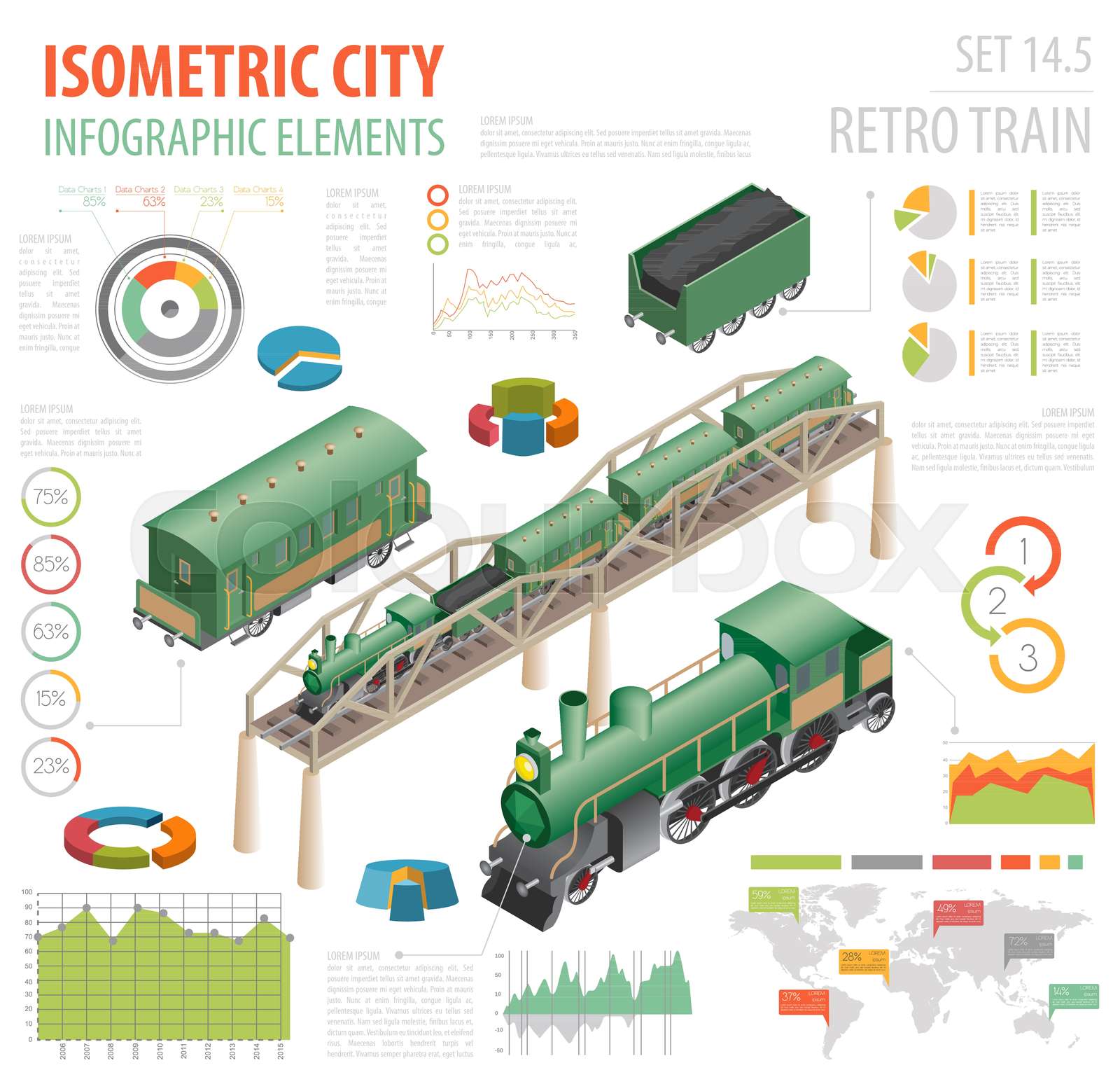 3d isometric retro railway with steam locomotive and carriages. Сity ...