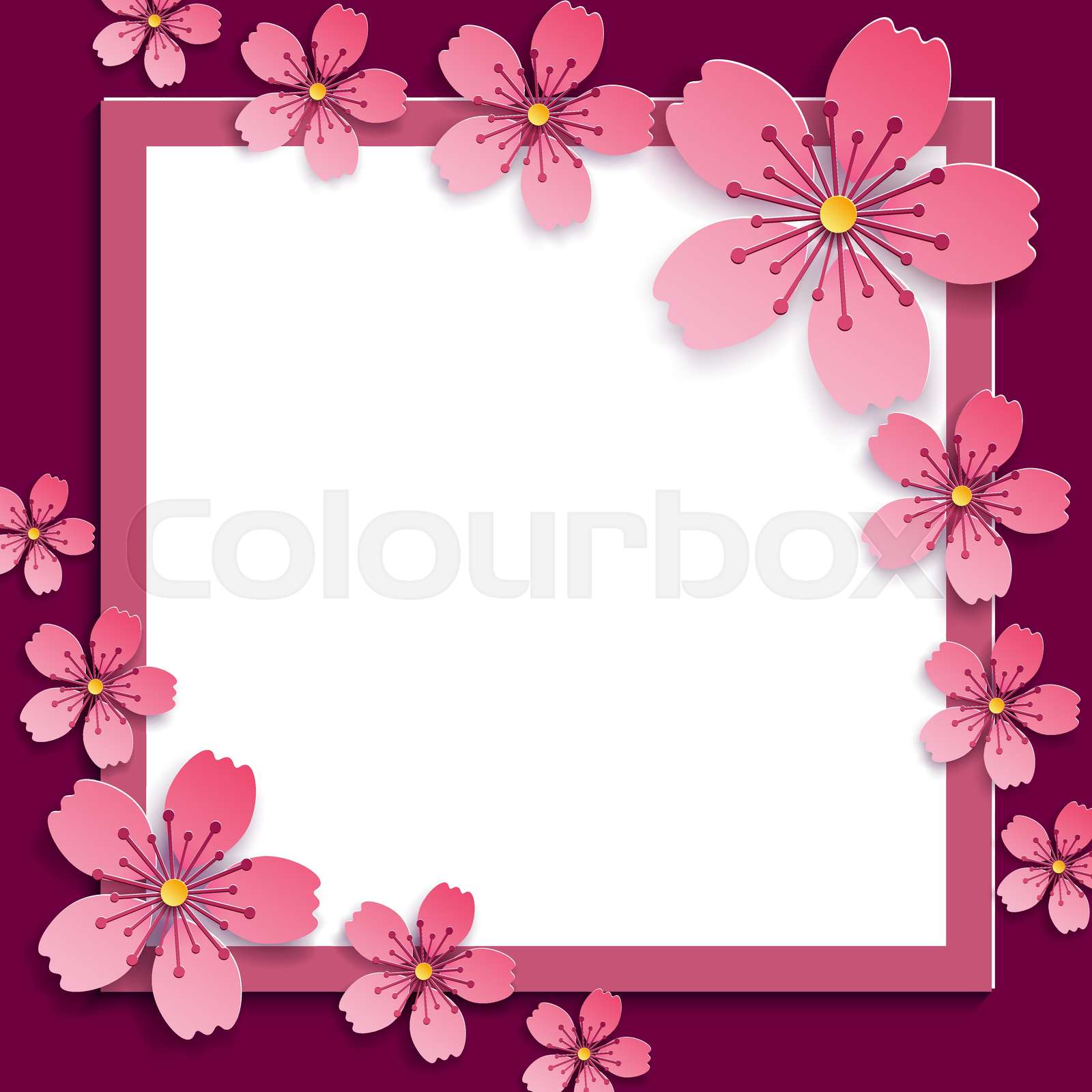 Celebratory frame with pink 3d sakura blossom | Stock vector | Colourbox