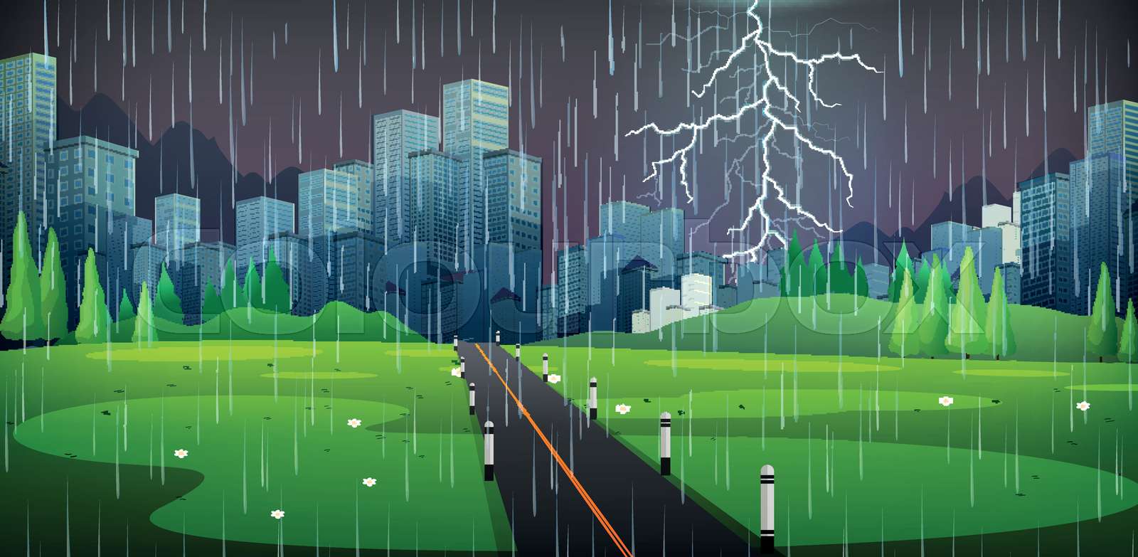 City scene on thunderstorm night | Stock vector | Colourbox