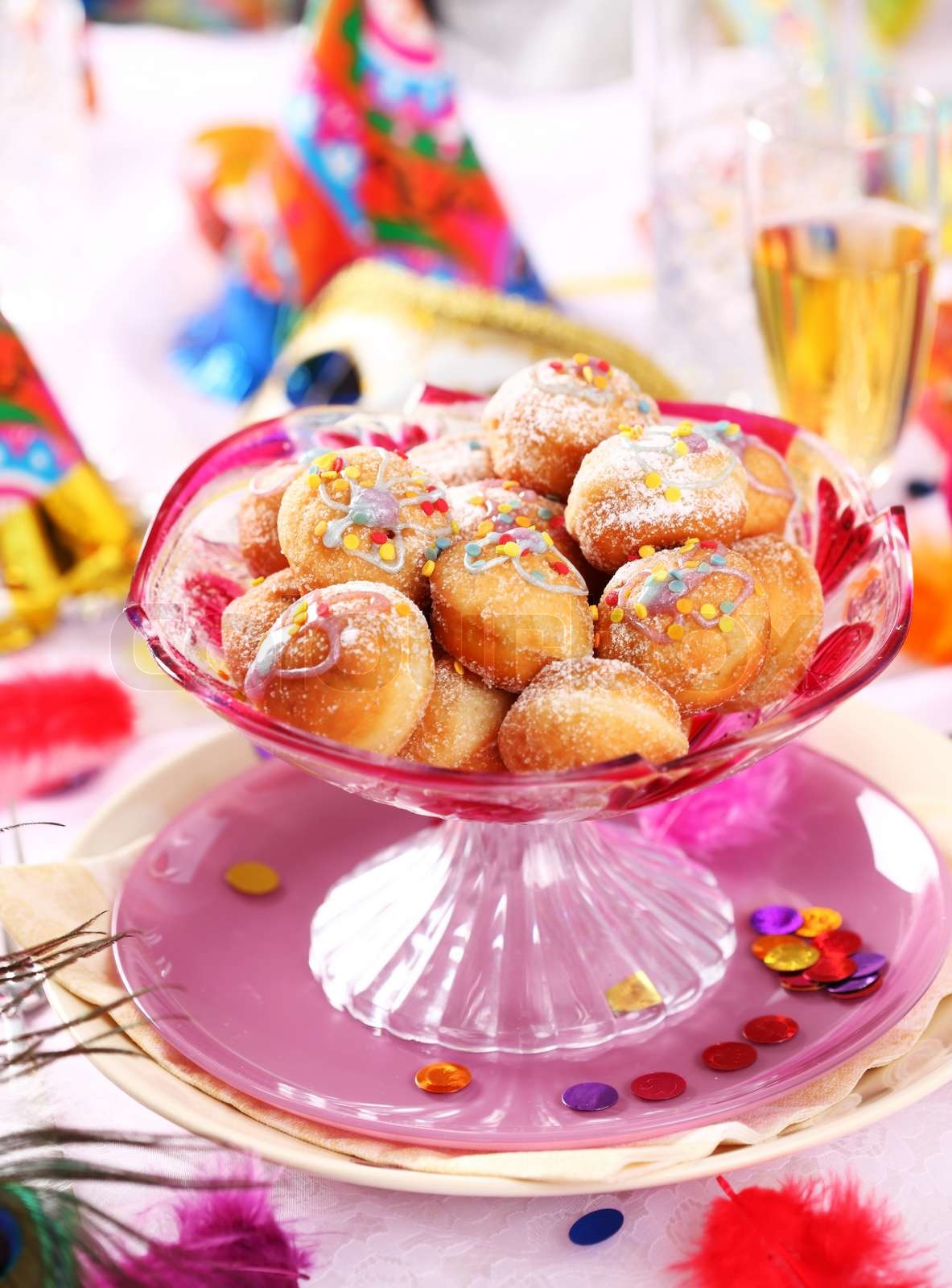 Carnival And Party Place Setting With Small Fried Doughnut Stock Carnival And Party Place Setting With Small Fried Doughnut Stock