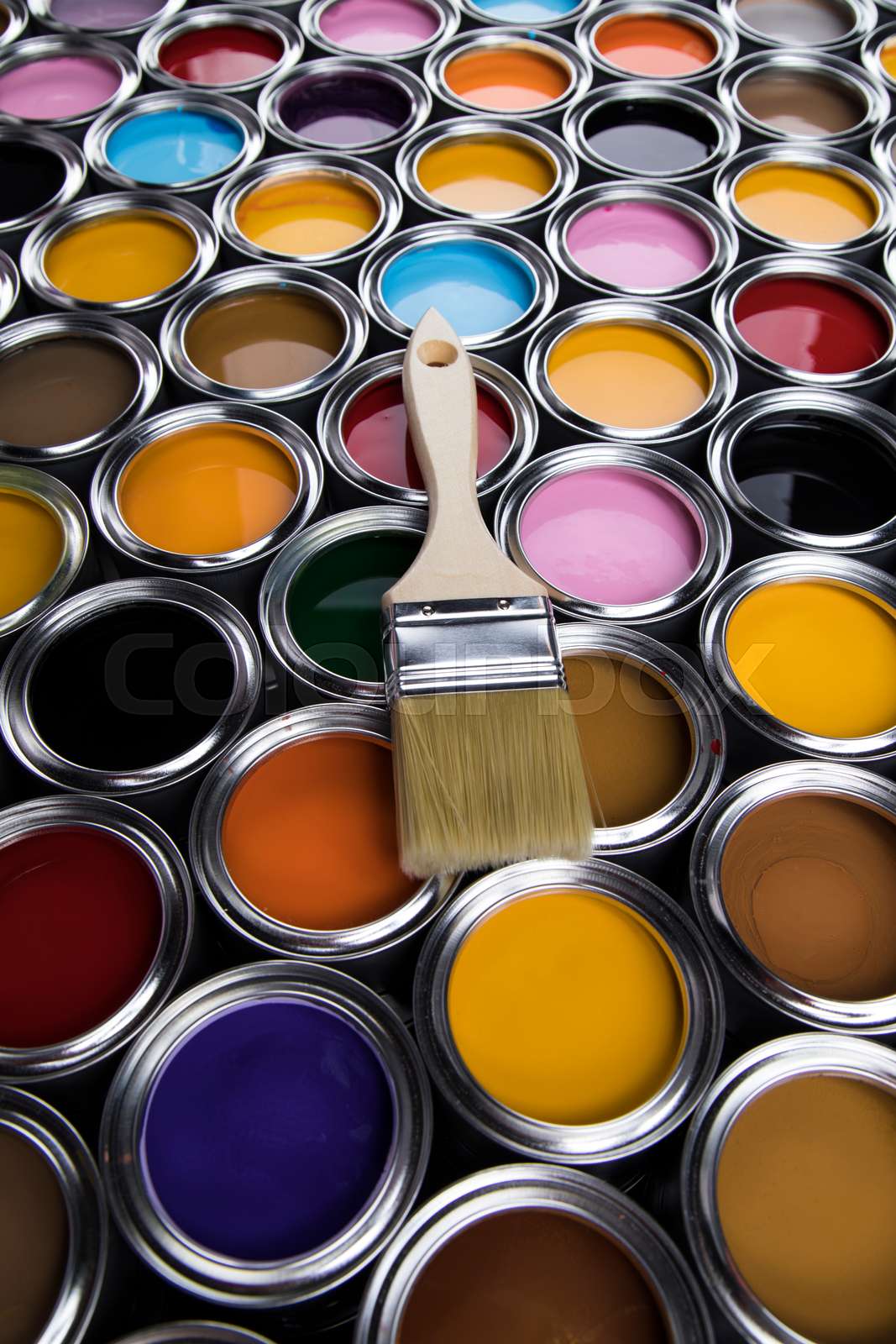 Colorful paint cans with paintbrush | Stock image | Colourbox