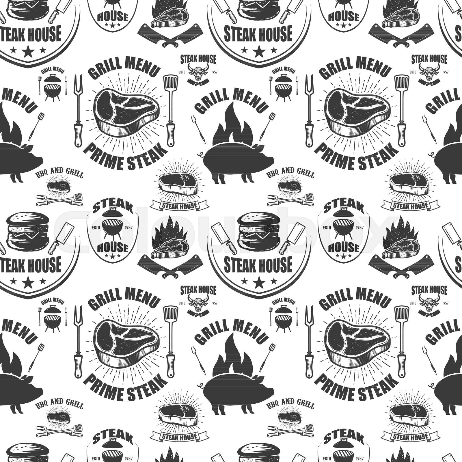 Seamless pattern with steak house symbols. Grill, bbq, fresh meat ...
