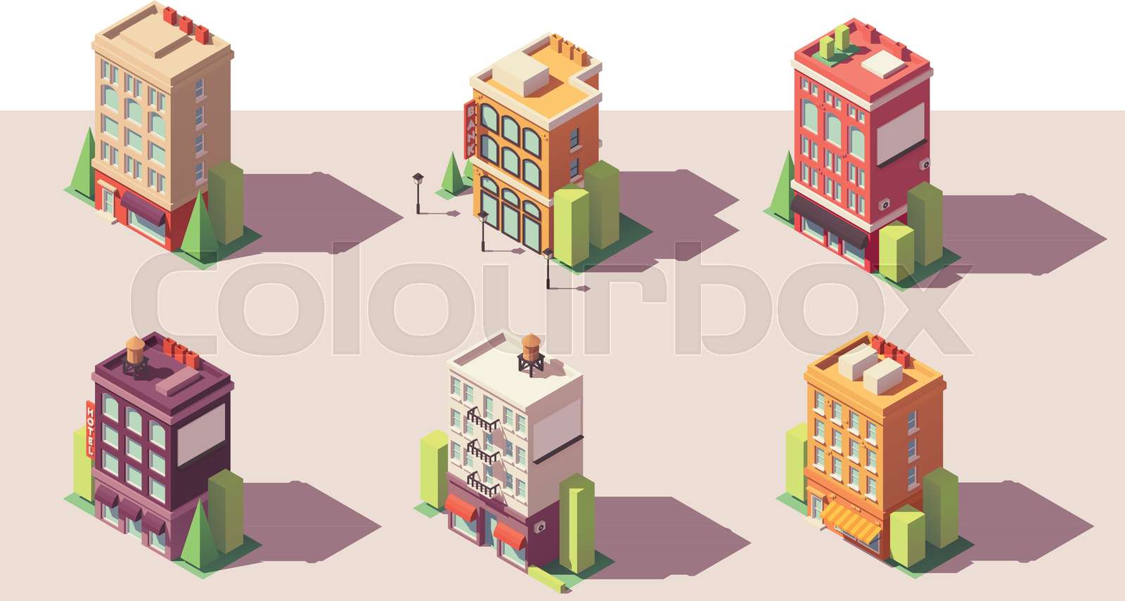 Vector low poly isometric buildings set | Stock vector | Colourbox