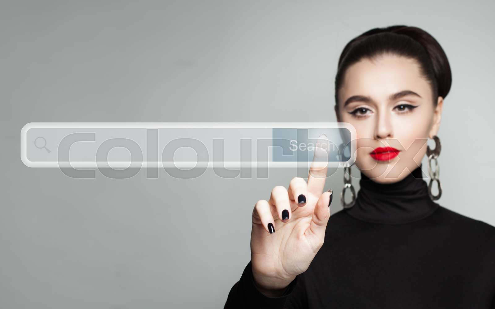 Young woman female hand pointing. Hand and empty address bar on virtual ...