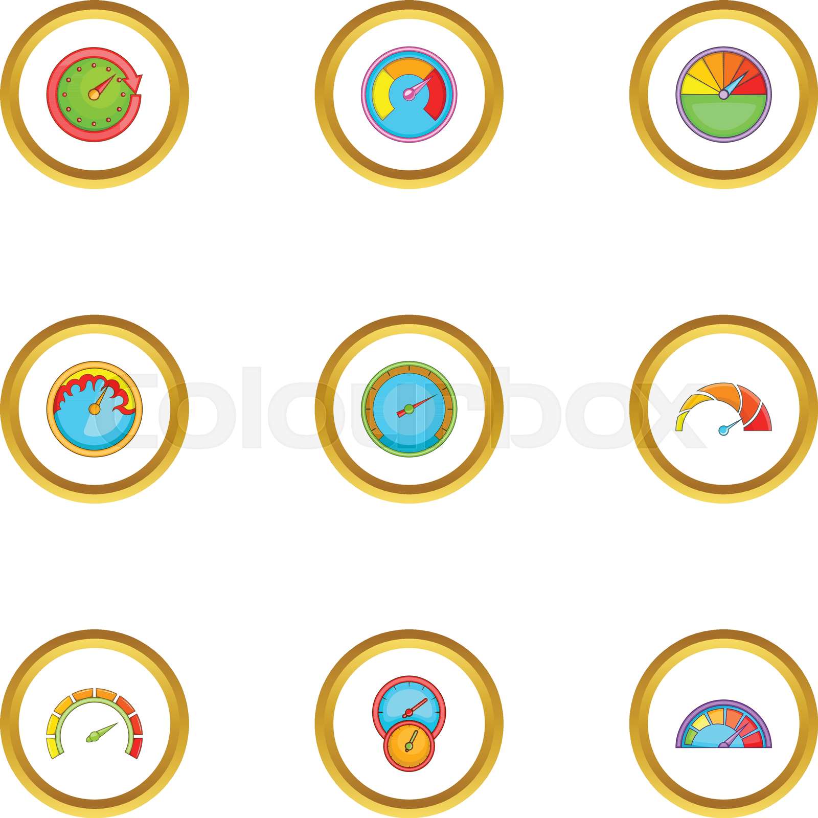 Circular meter icons set, cartoon style | Stock vector | Colourbox