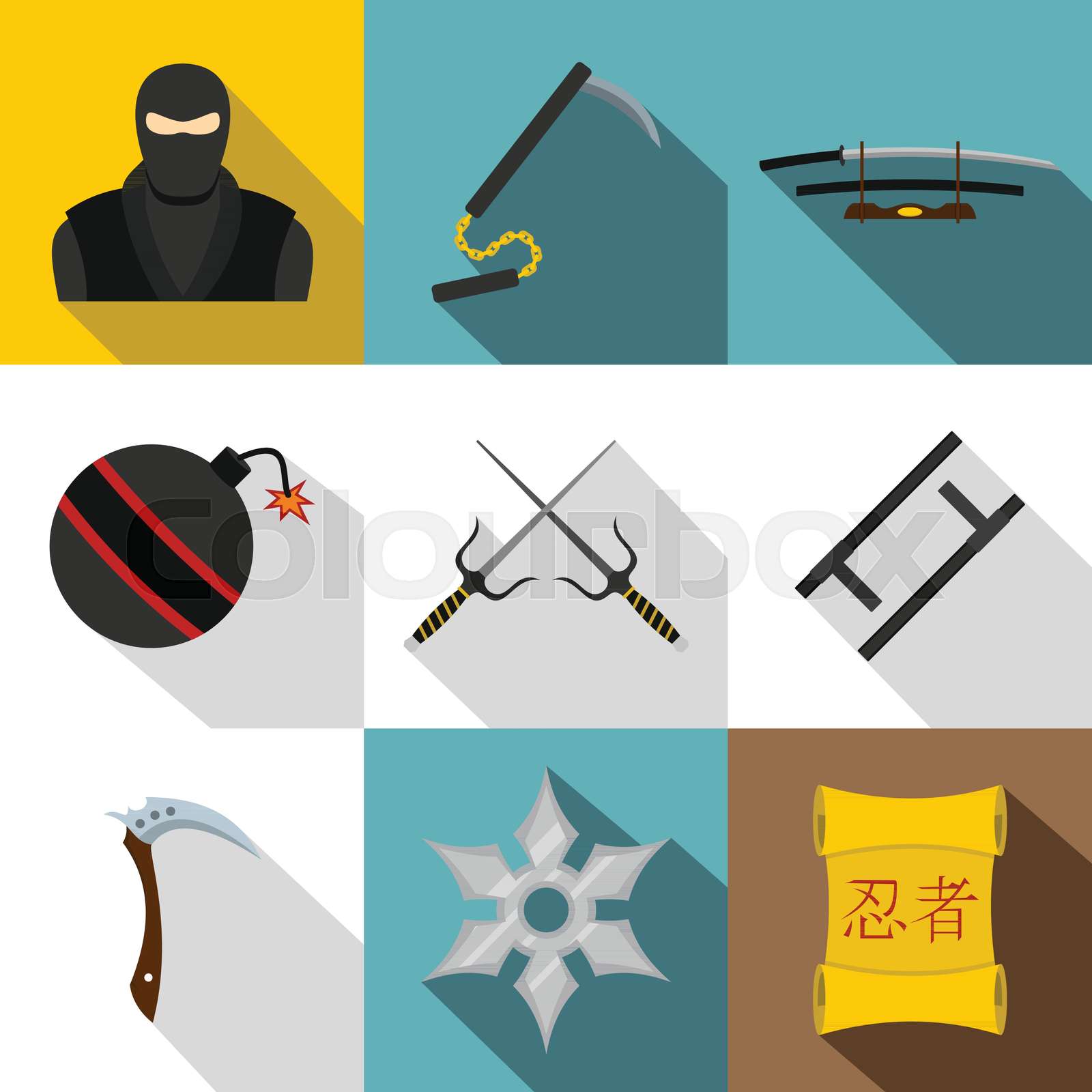 Japanese weapon icon set, flat style | Stock vector | Colourbox