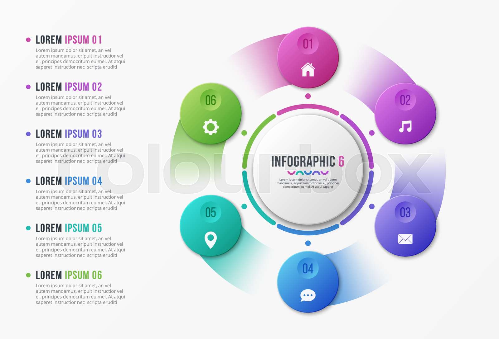 Rotating circle chart template with 6 options. Vector design for ...