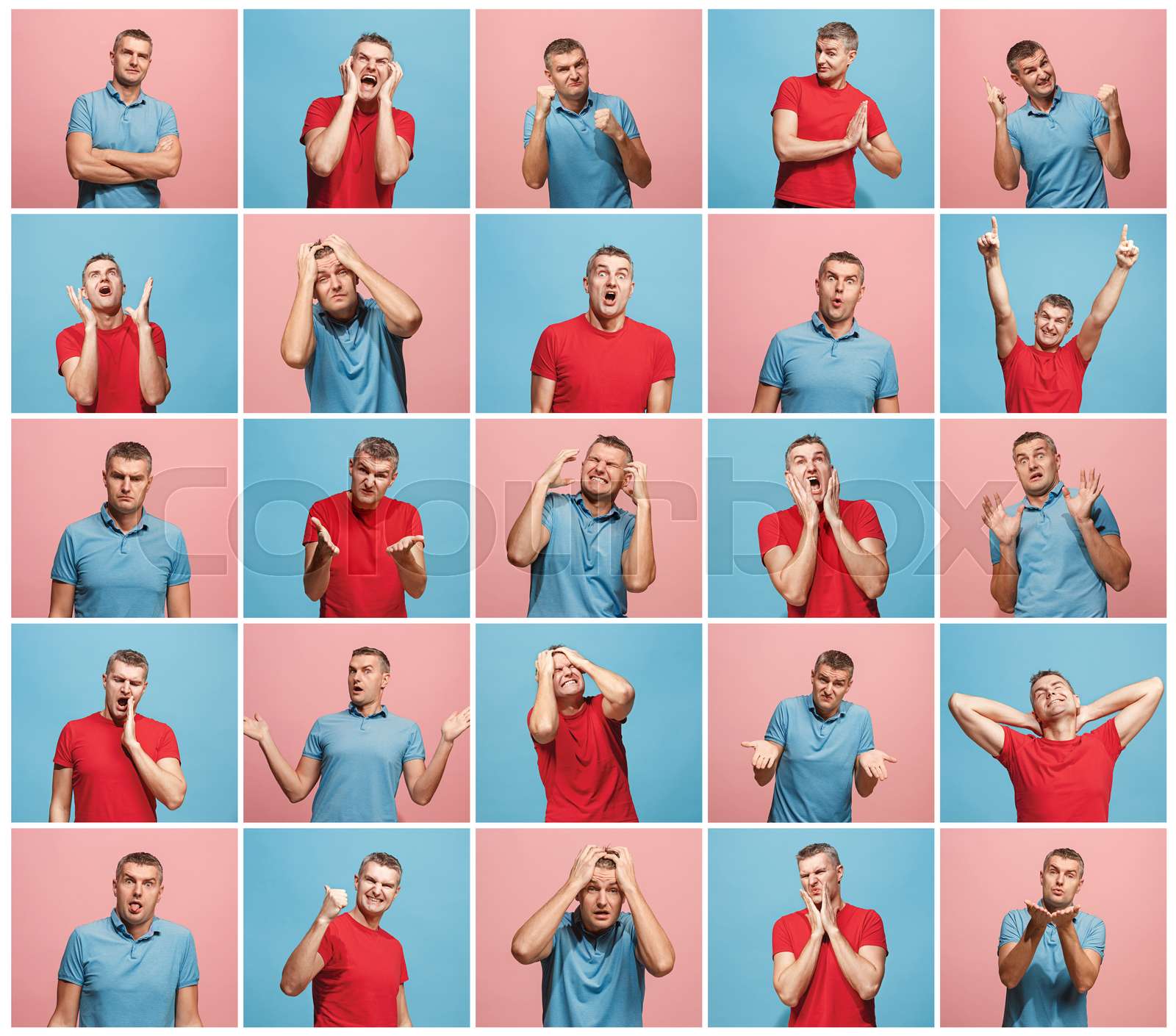 The collage of different human facial expressions, emotions and ...