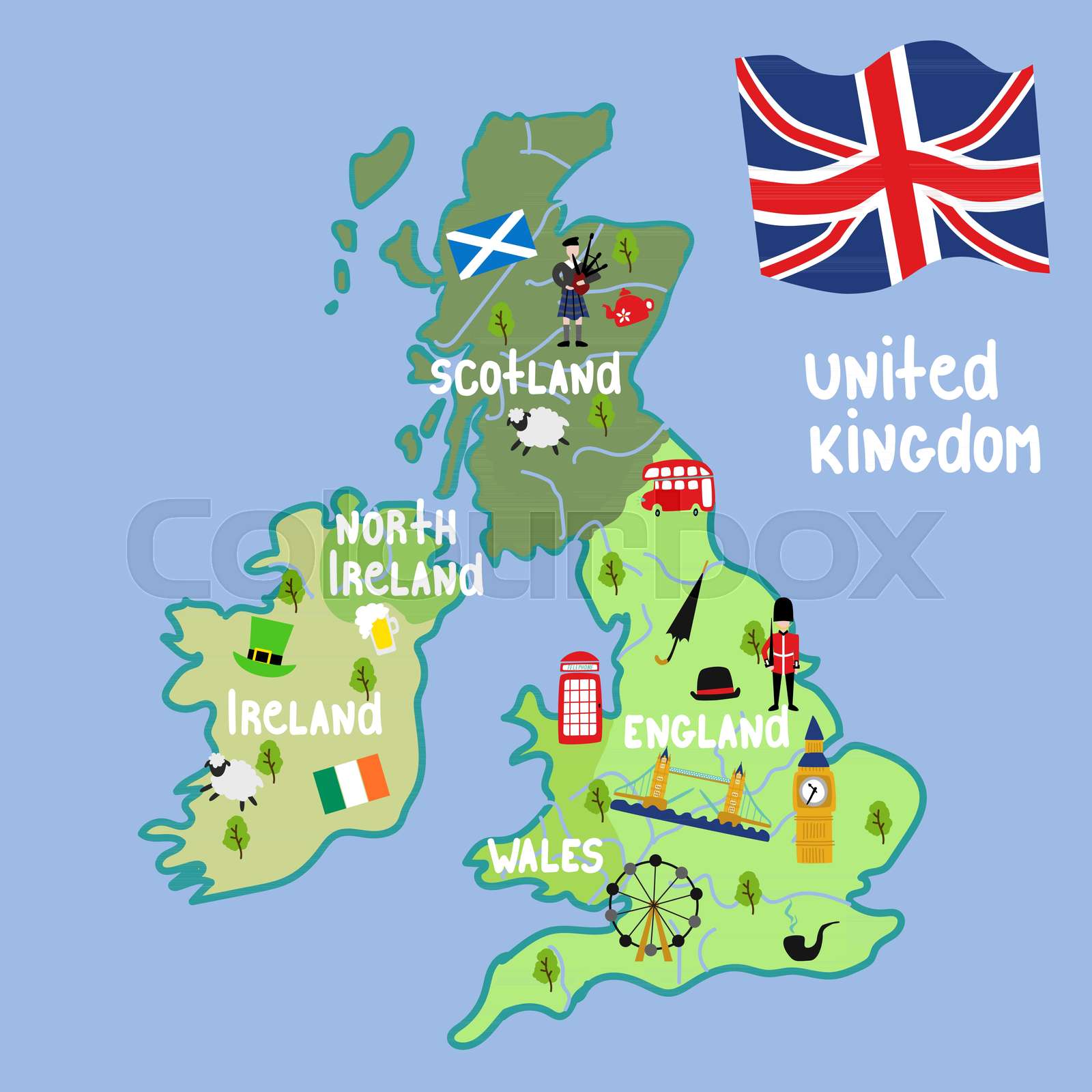 vector cartoon United Kingdom map national symbols | Stock vector ...