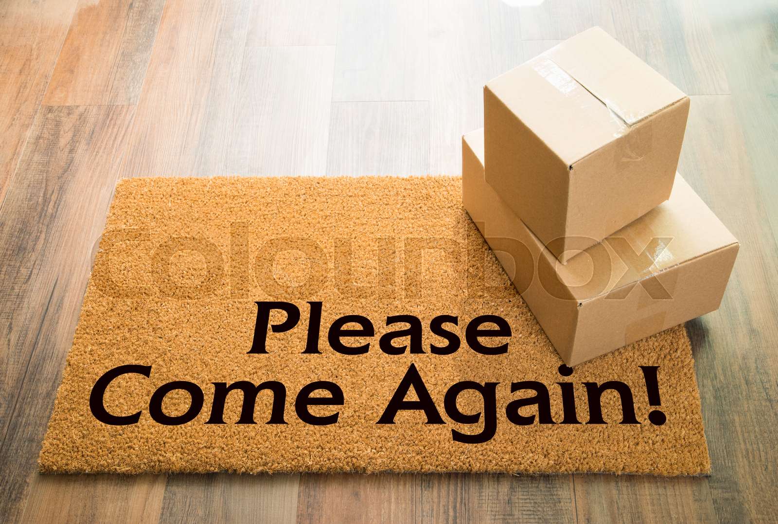Please Come Again Welcome Mat On Wood Floor With Shipment of Boxes ...