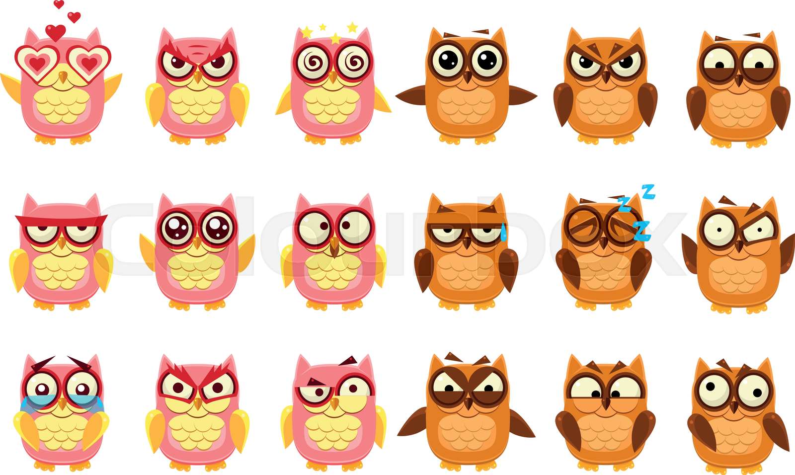Cute owls set, funny owlets with various emotions vector Illustration ...