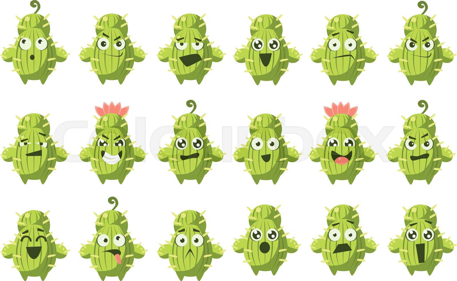 Cactus characters big set, funny cacti with different emotions vector ...