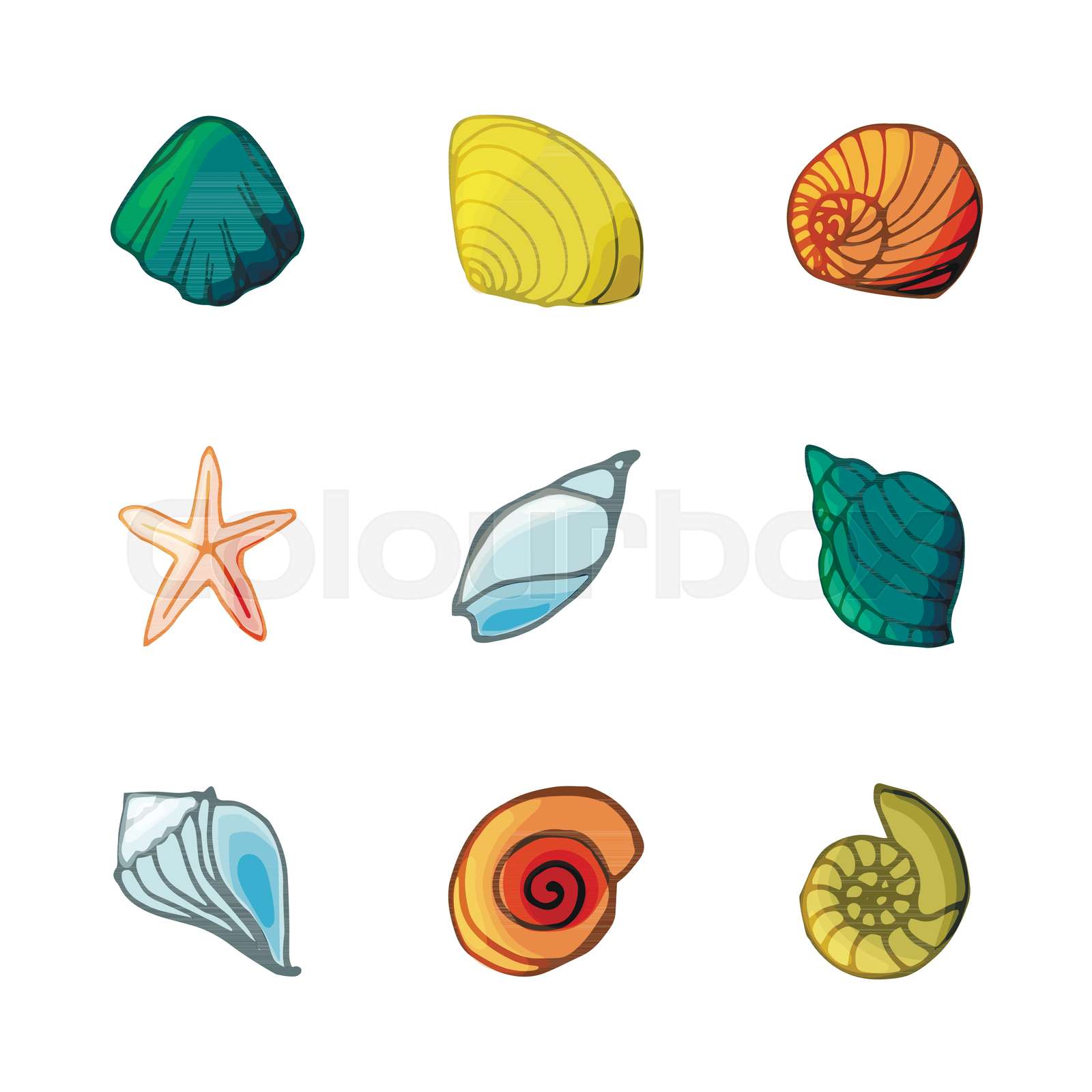 9 shell icons set in cartoon style. | Stock vector | Colourbox