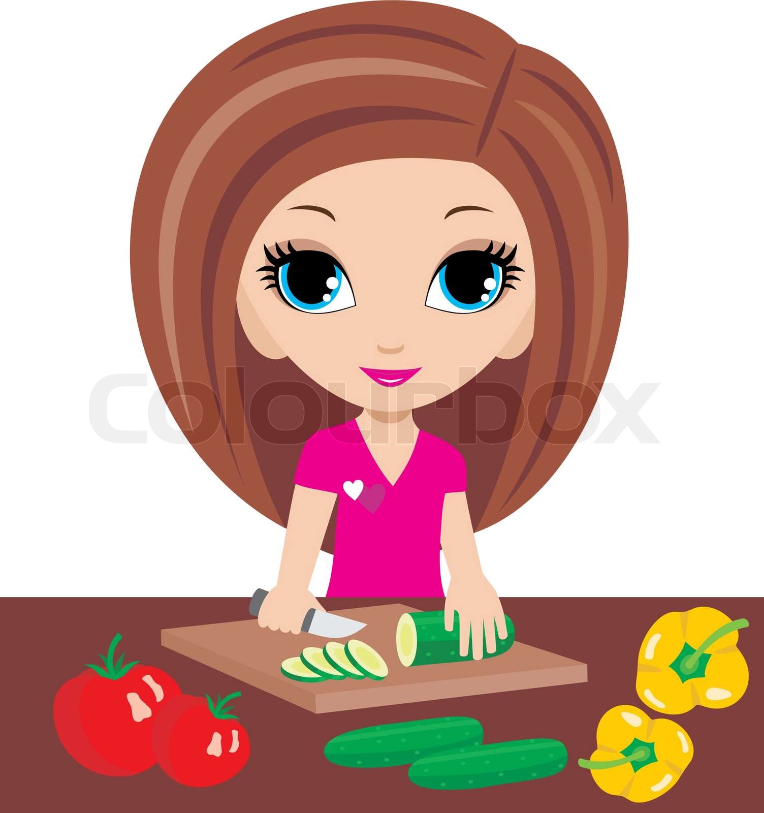 Cartoon woman on kitchen cuts vegetables | Stock vector | Colourbox