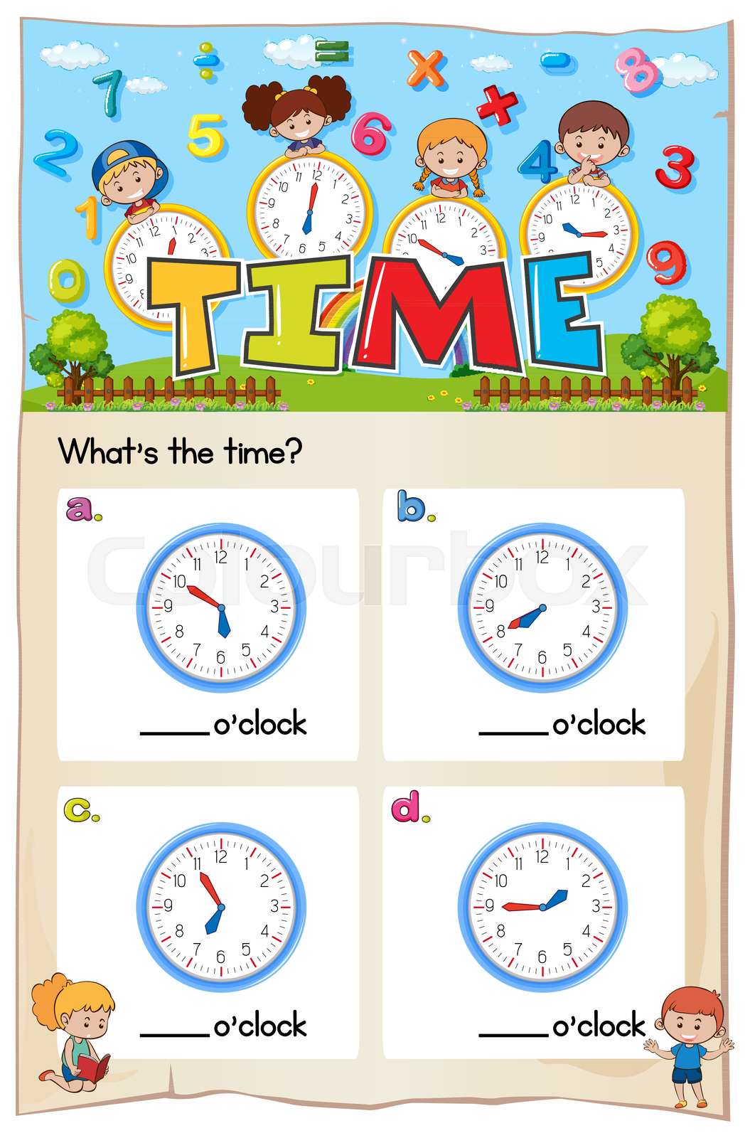 Worksheet for telling time | Stock vector | Colourbox