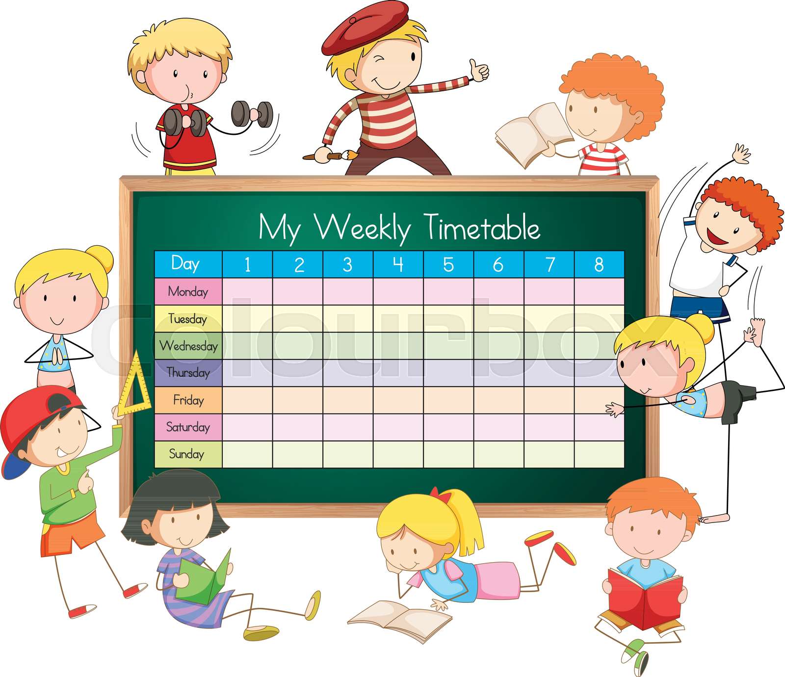 Weekly timetable with boys and girls | Stock vector | Colourbox