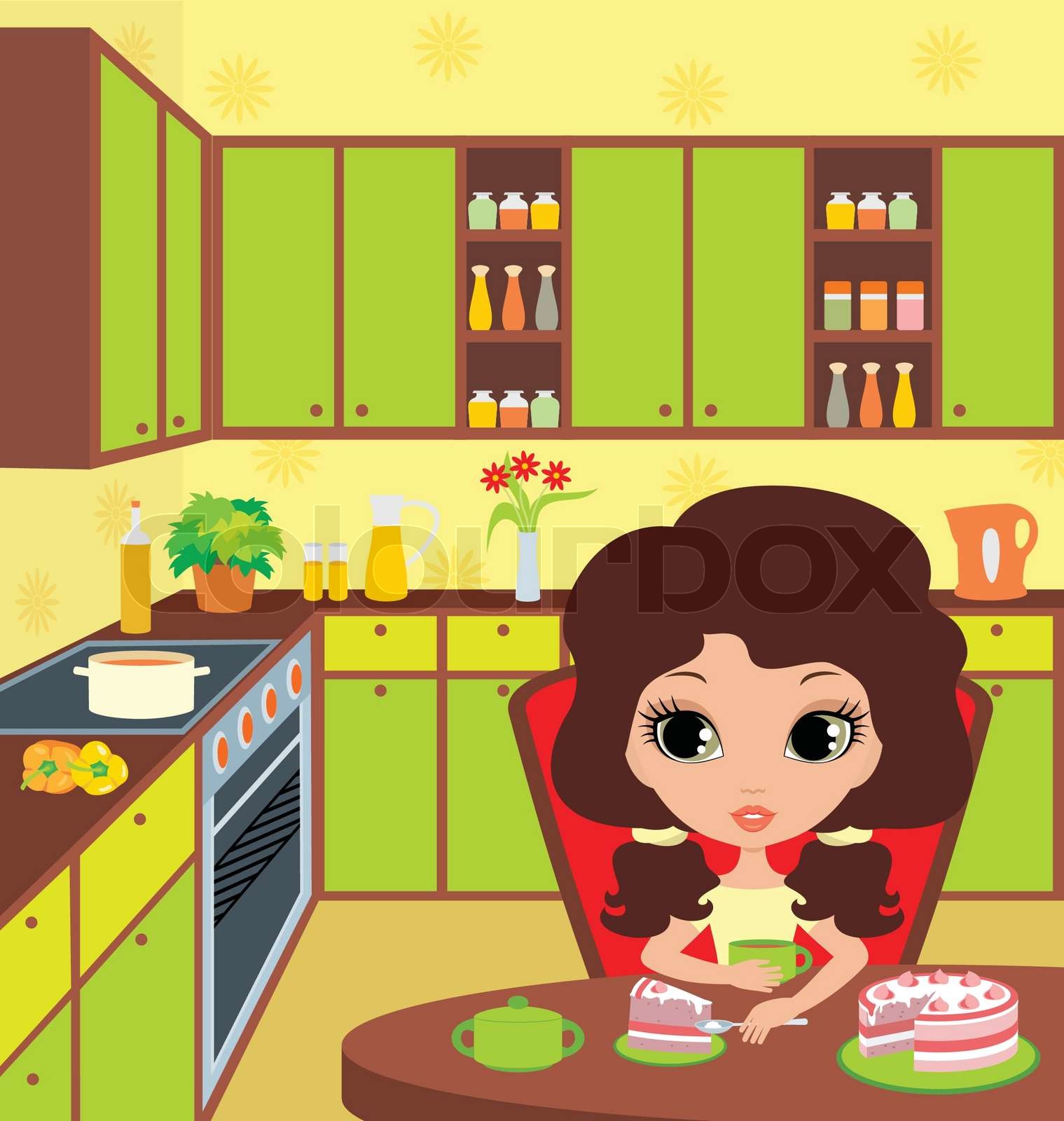 Pretty girl eats a pie | Stock vector | Colourbox