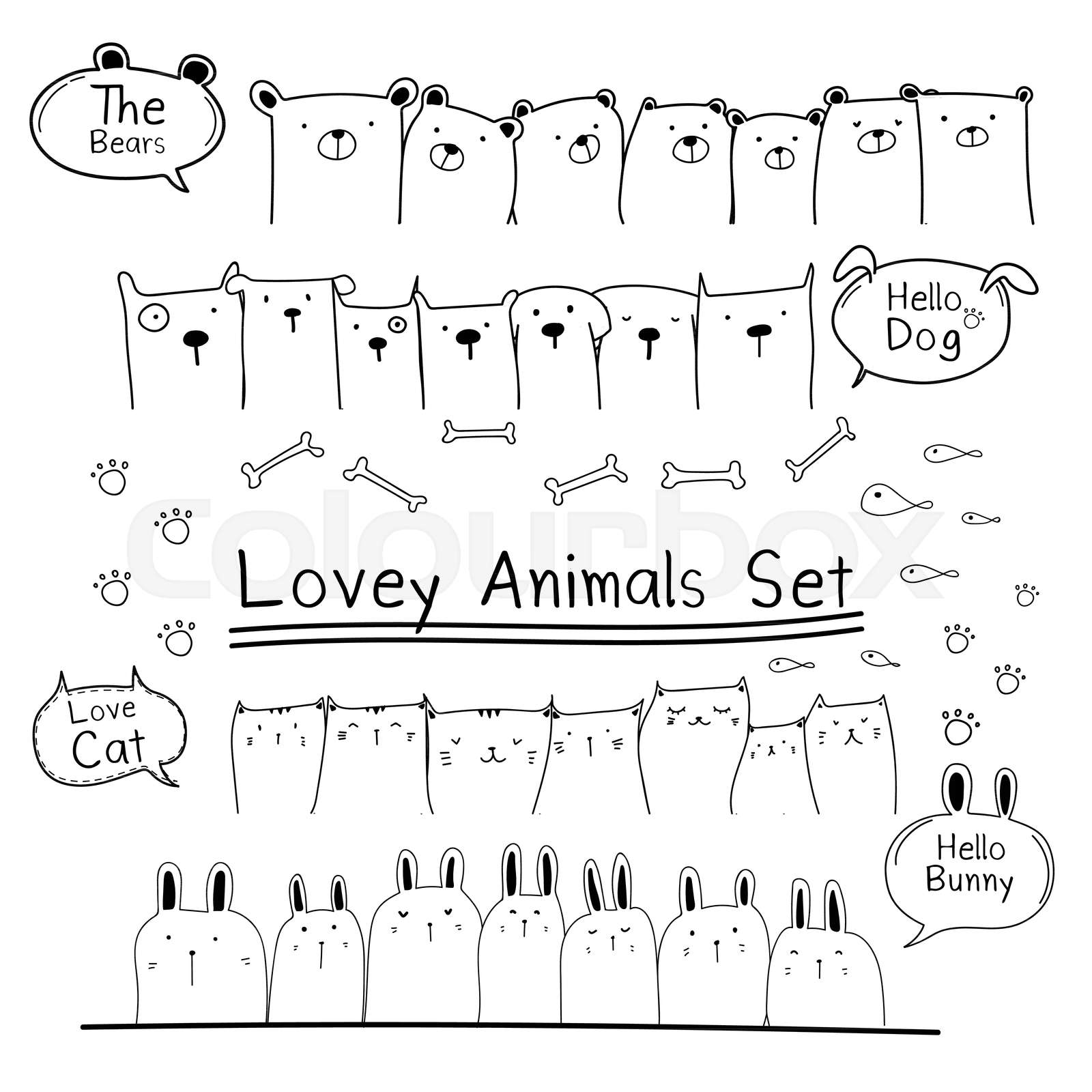 Hand Drawn Doodle Cute Animal Set. Include Bear, Cat, Bunny And Dogs ...