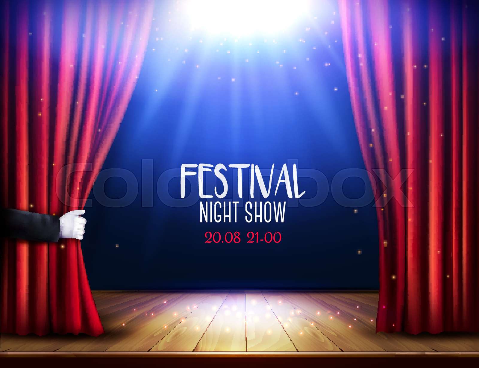 A theater stage with a red curtain and hand. Festival night show poster ...