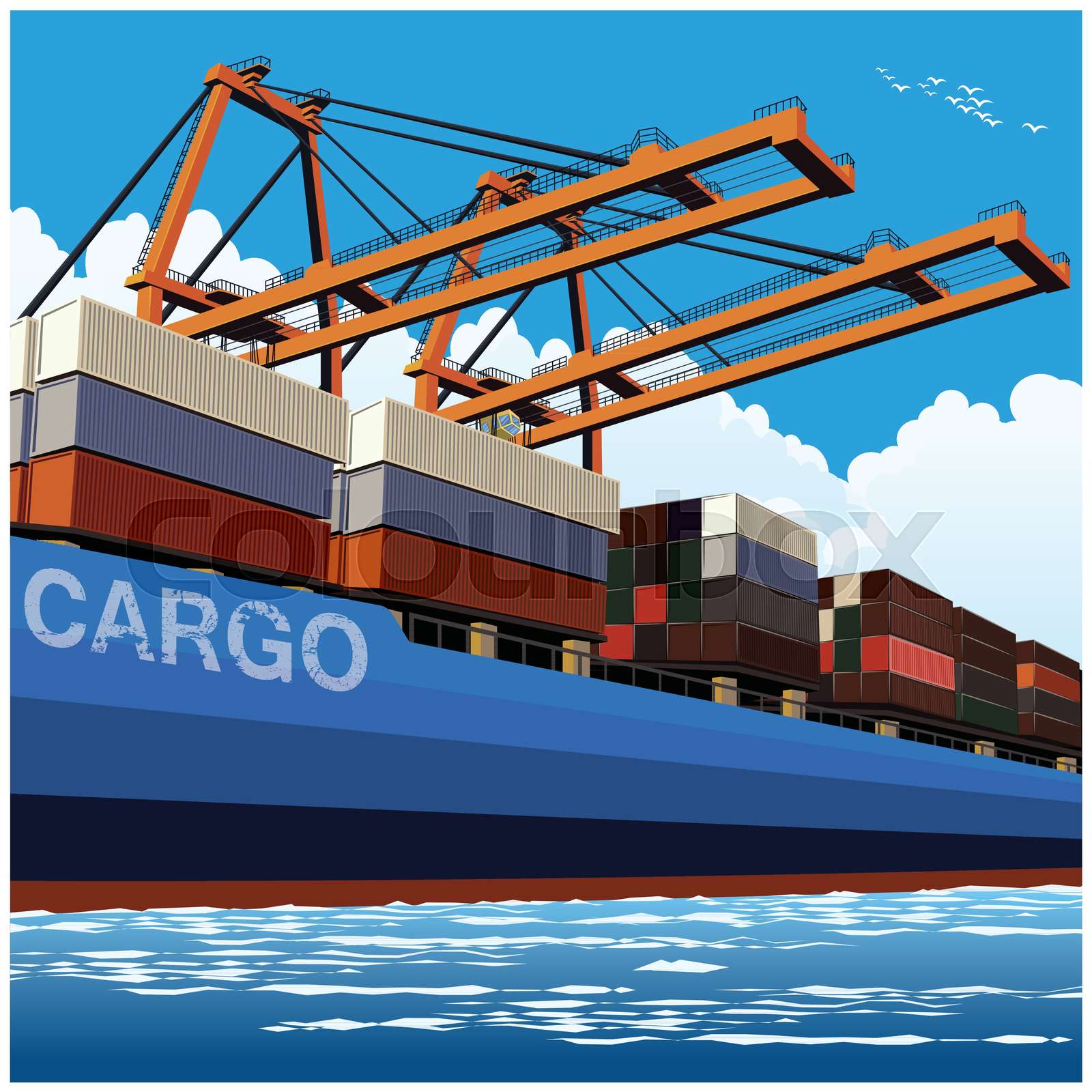 Loading of containers by large port cranes | Stock vector | Colourbox